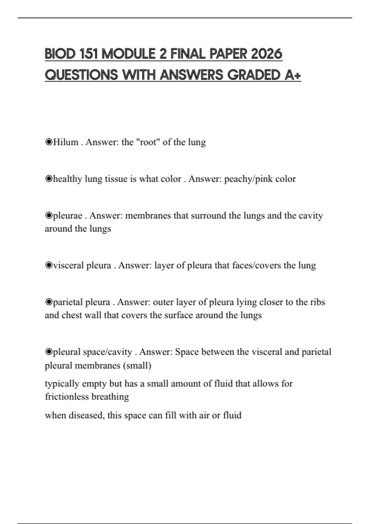 BIOD 151 MODULE 2 FINAL PAPER 2026 QUESTIONS WITH ANSWERS GRADED A+ ...