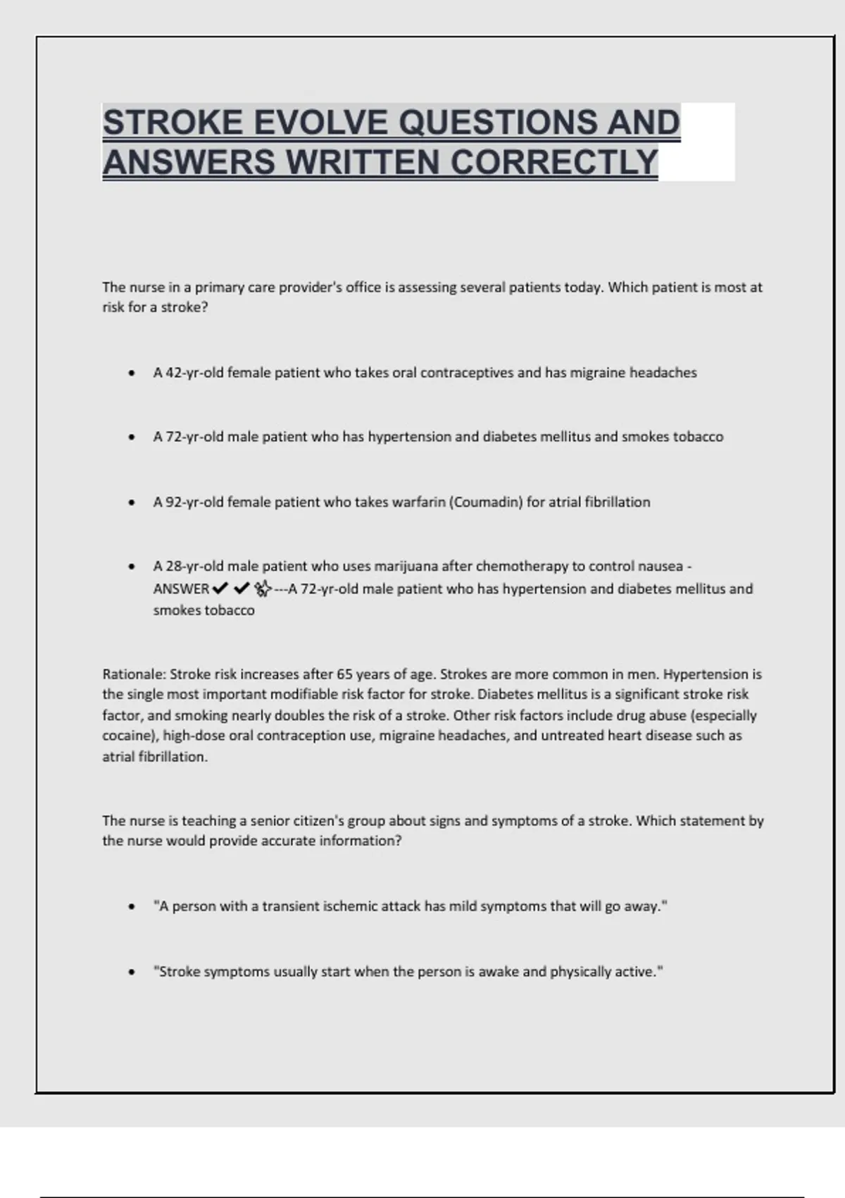 Stroke Evolve Case Study 2025 | Correct Questions and Answers [Verified ...