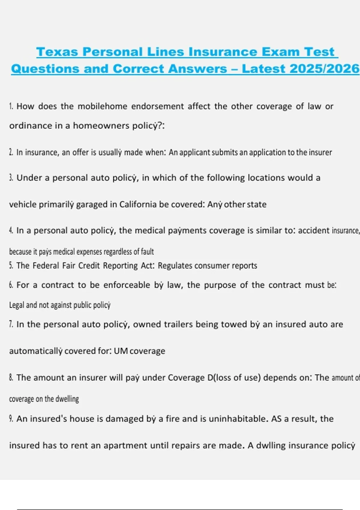 Texas Personal Lines Insurance Exam Test Questions and Correct Answers ...
