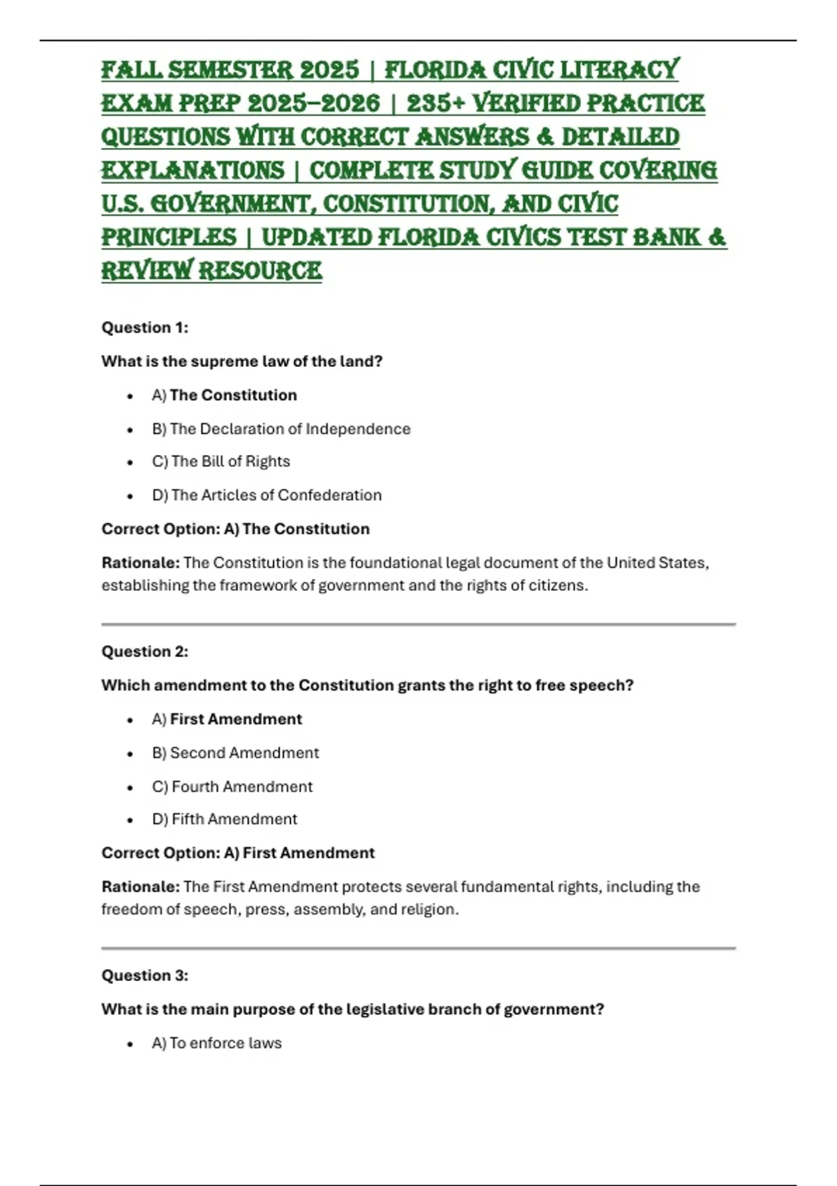 Fall Semester 2025 | Florida Civic Literacy Exam Prep 2025–2026 | 235 ...