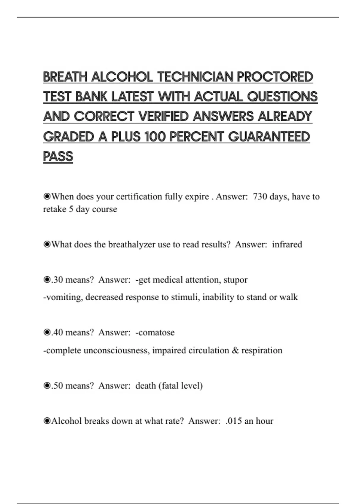 BREATH ALCOHOL TECHNICIAN PROCTORED TEST BANK LATEST WITH ACTUAL ...