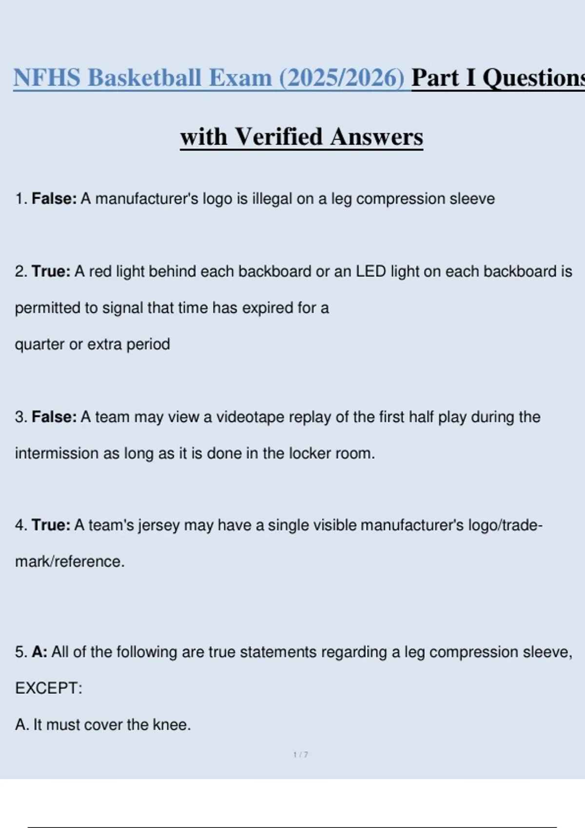 NFHS Basketball Exam (2025/2026) Part I Questions with Verified Answers ...