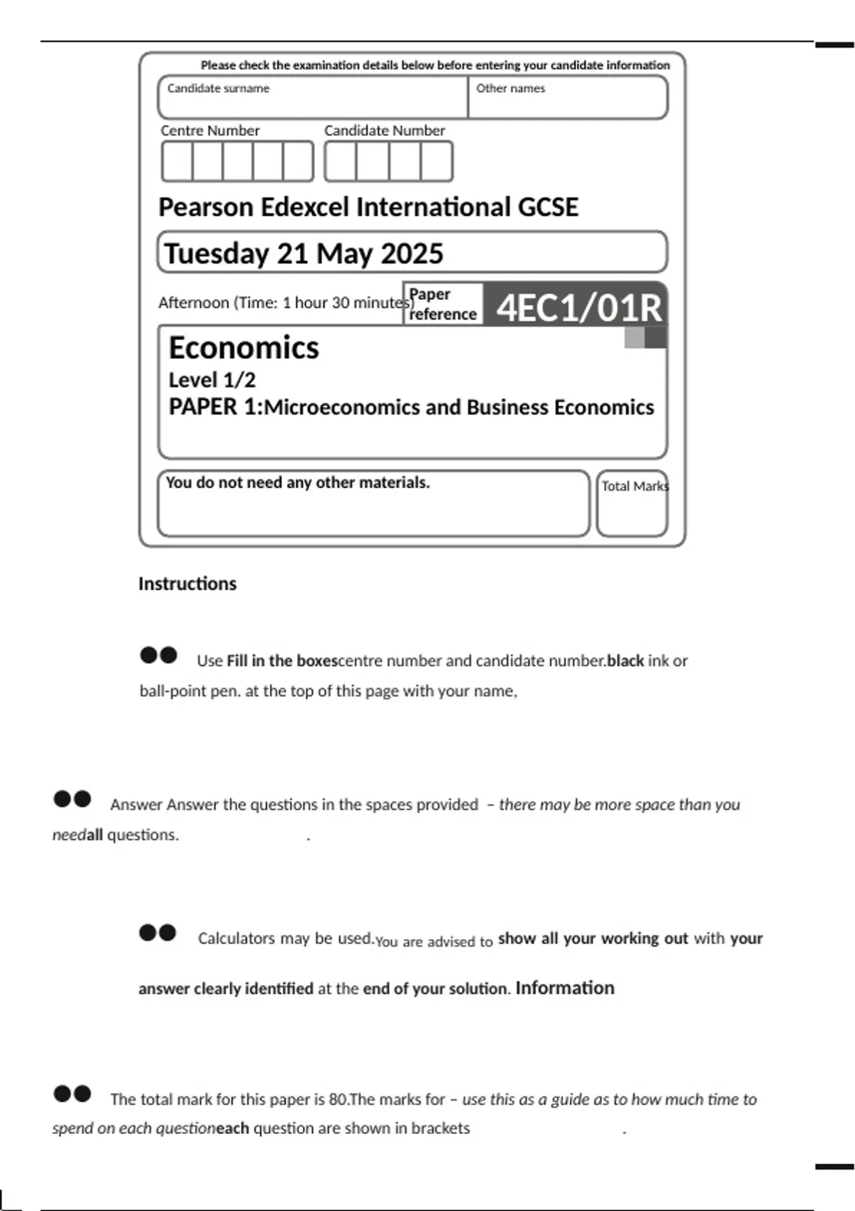 Pearson Edexcel Economics 4EC1/01R May 2025 Paper & Mark Scheme (IGCSE ...