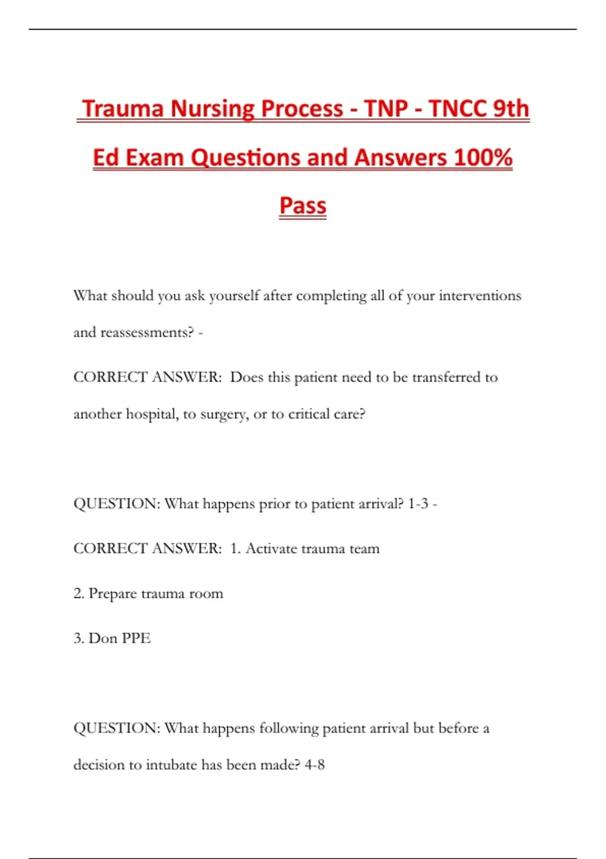 Trauma Nursing Process - TNP - TNCC 9th Ed Exam Questions and Answers ...