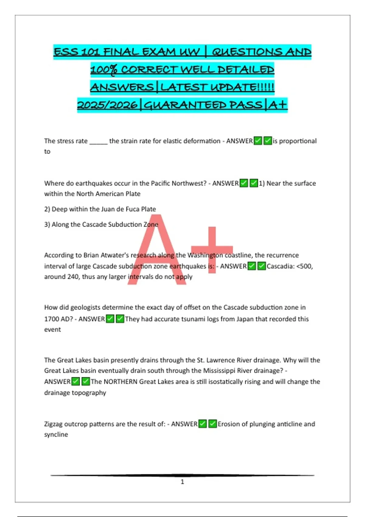 ESS 101 FINAL EXAM UW | QUESTIONS AND 100% CORRECT WELL DETAILED ...
