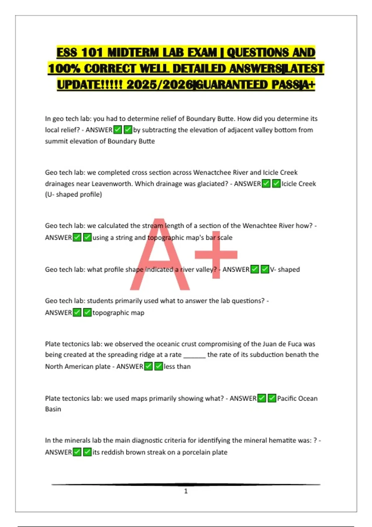 ESS 101 MIDTERM LAB EXAM | QUESTIONS AND 100% CORRECT WELL DETAILED ...