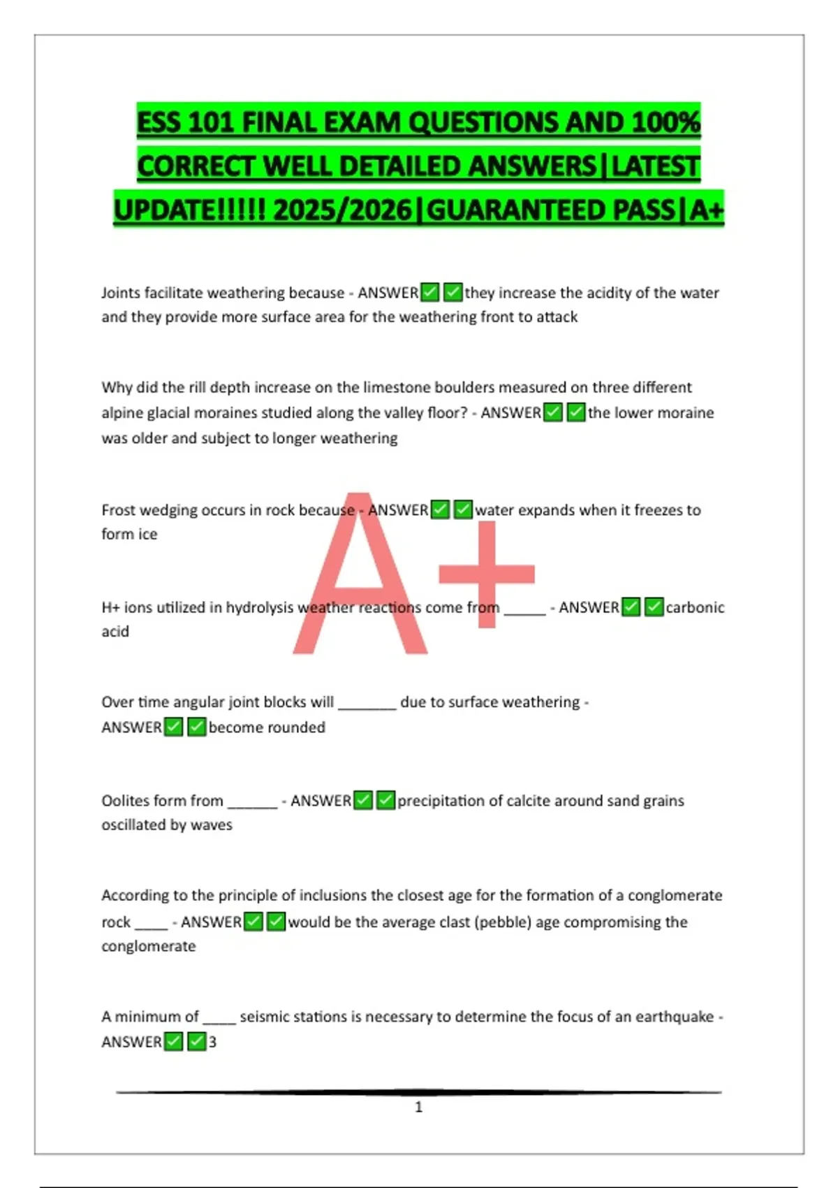 ESS 101 FINAL EXAM QUESTIONS AND 100% CORRECT WELL DETAILED ANSWERS ...