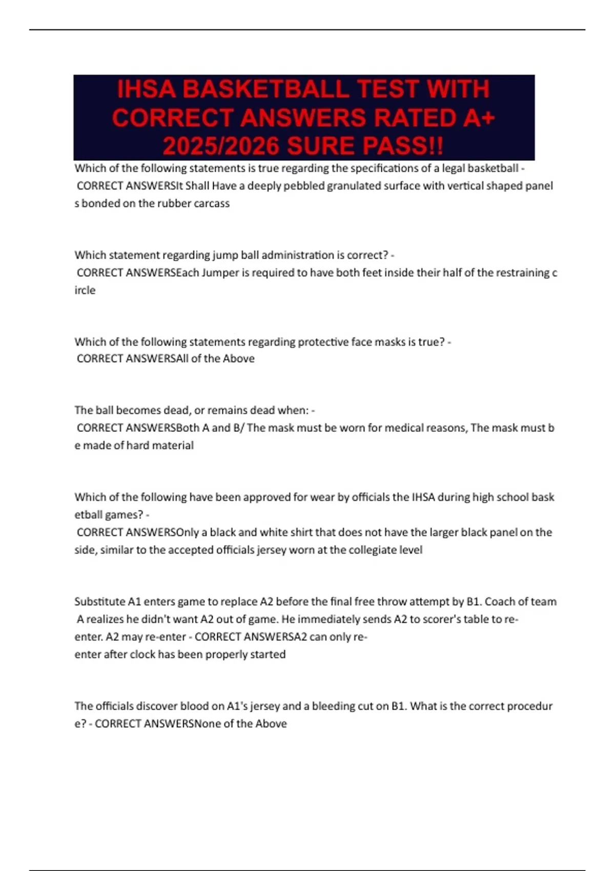 IHSA BASKETBALL TEST WITH CORRECT ANSWERS RATED A+ 2025/2026 SURE PASS ...