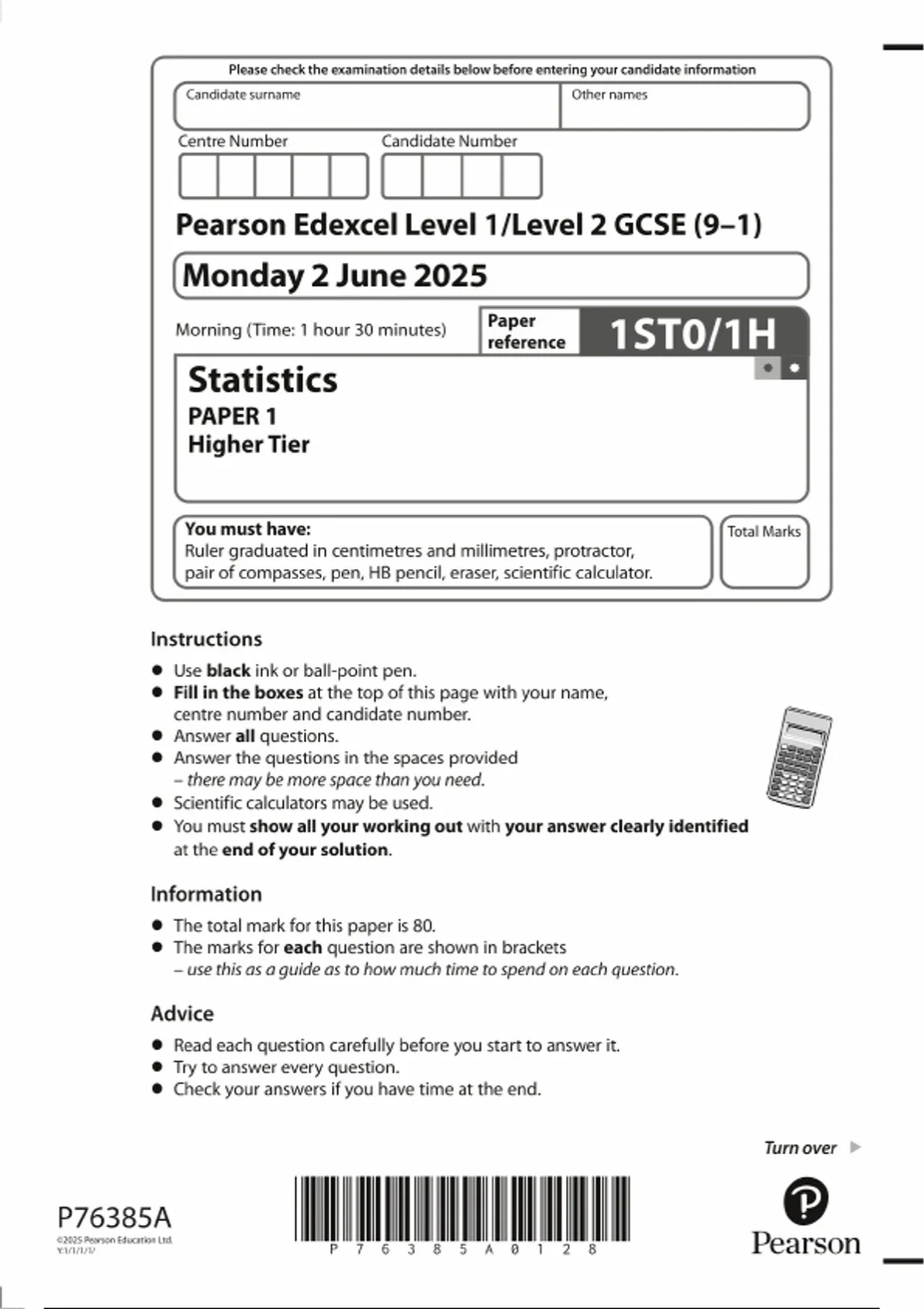 PEARSON EDEXCEL GCSE STATISTICS PAPER 1 QUESTION PAPER 2025 (1ST0/1H ...