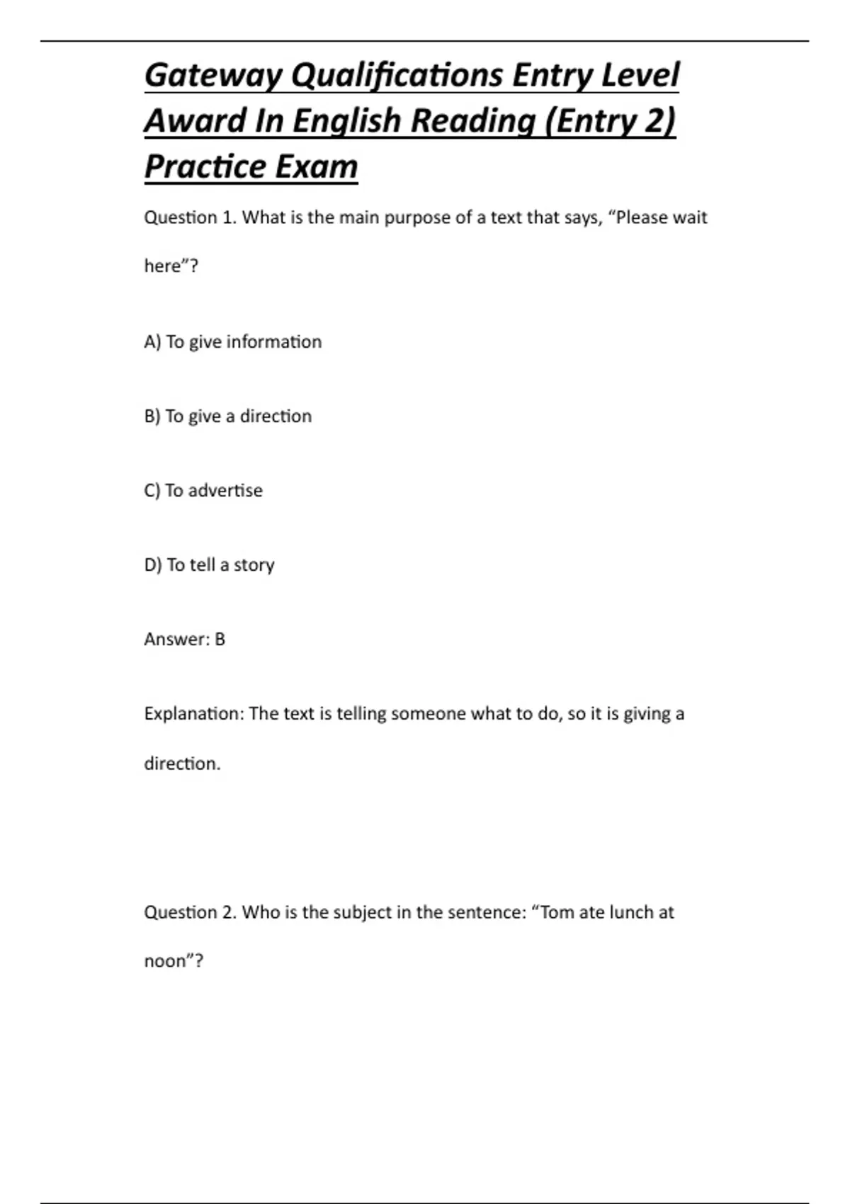 Gateway Qualifications Entry Level Award In English Reading (Entry 2 ...
