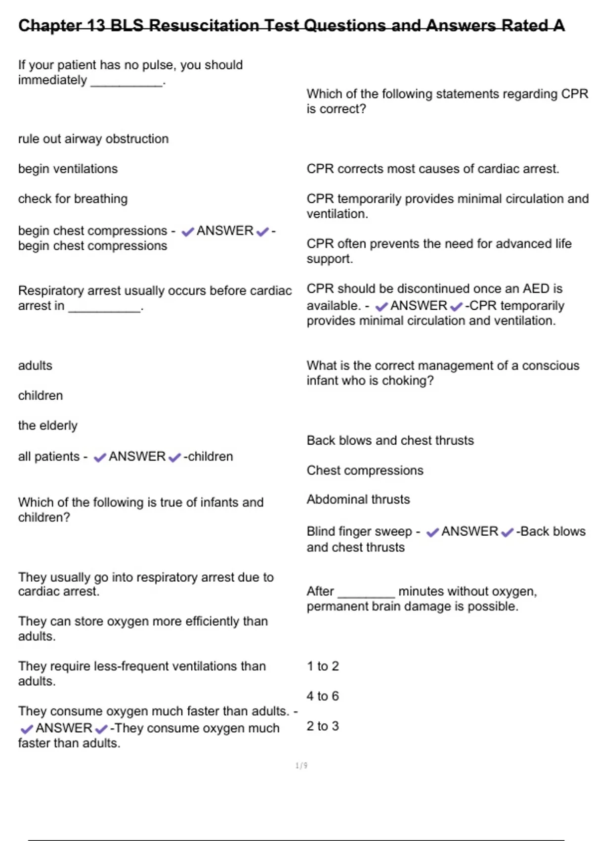 Chapter 13 BLS Resuscitation Test Questions and Answers Rated A ...