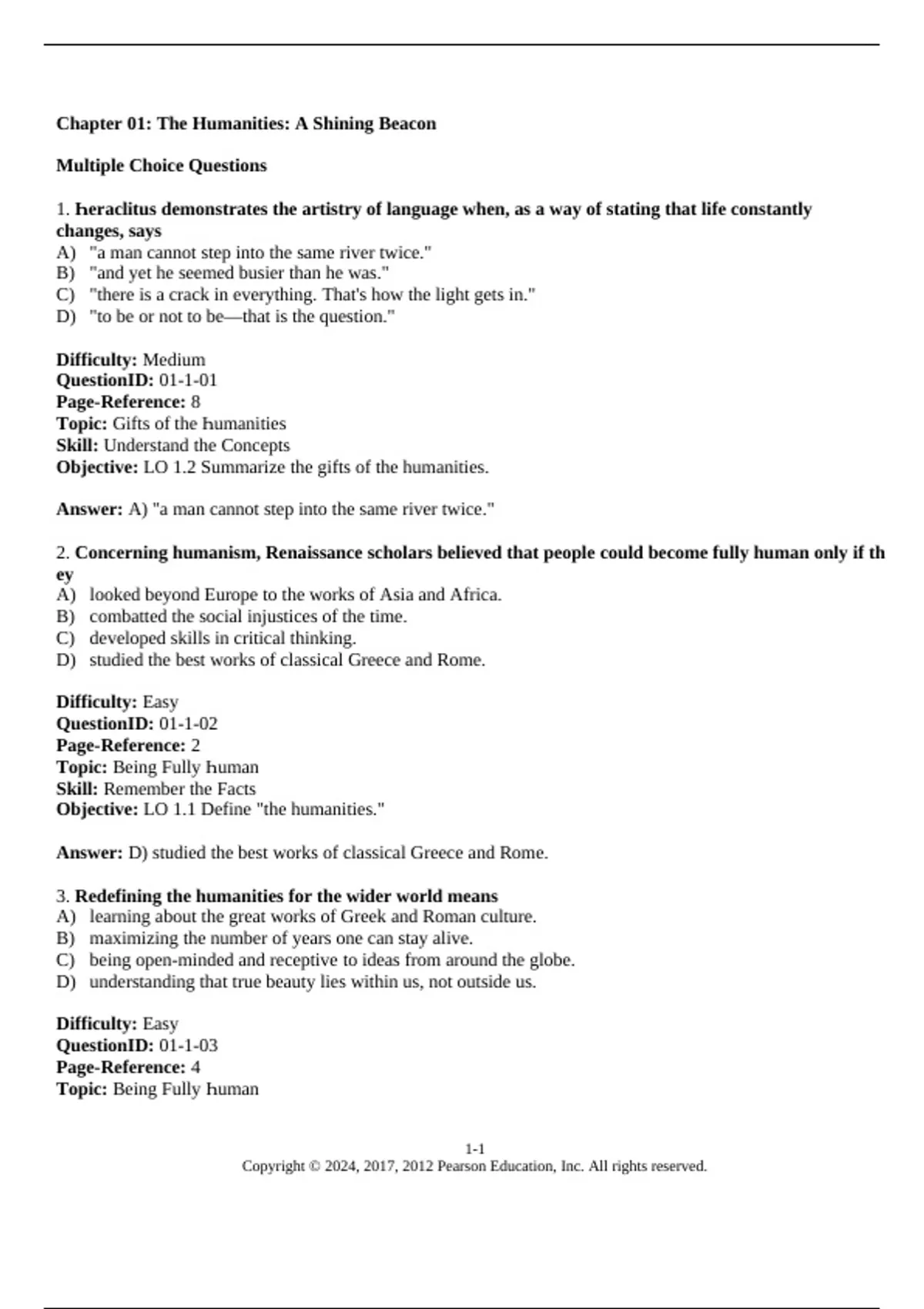 test bank, practice questions: The Art of Being Human The Humanities as ...