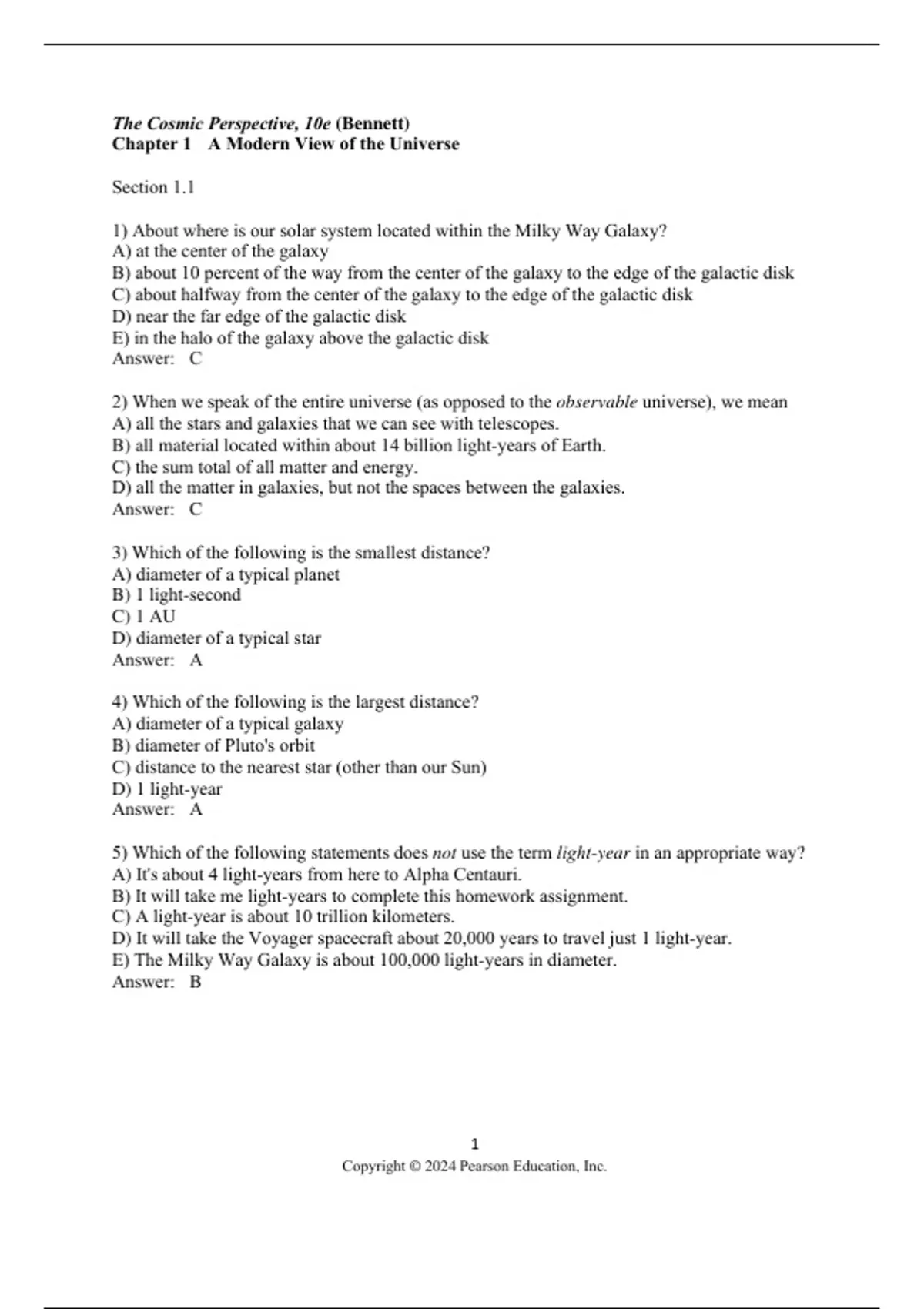 test bank, practice questions: The Cosmic Perspective - Bennett -10e ...