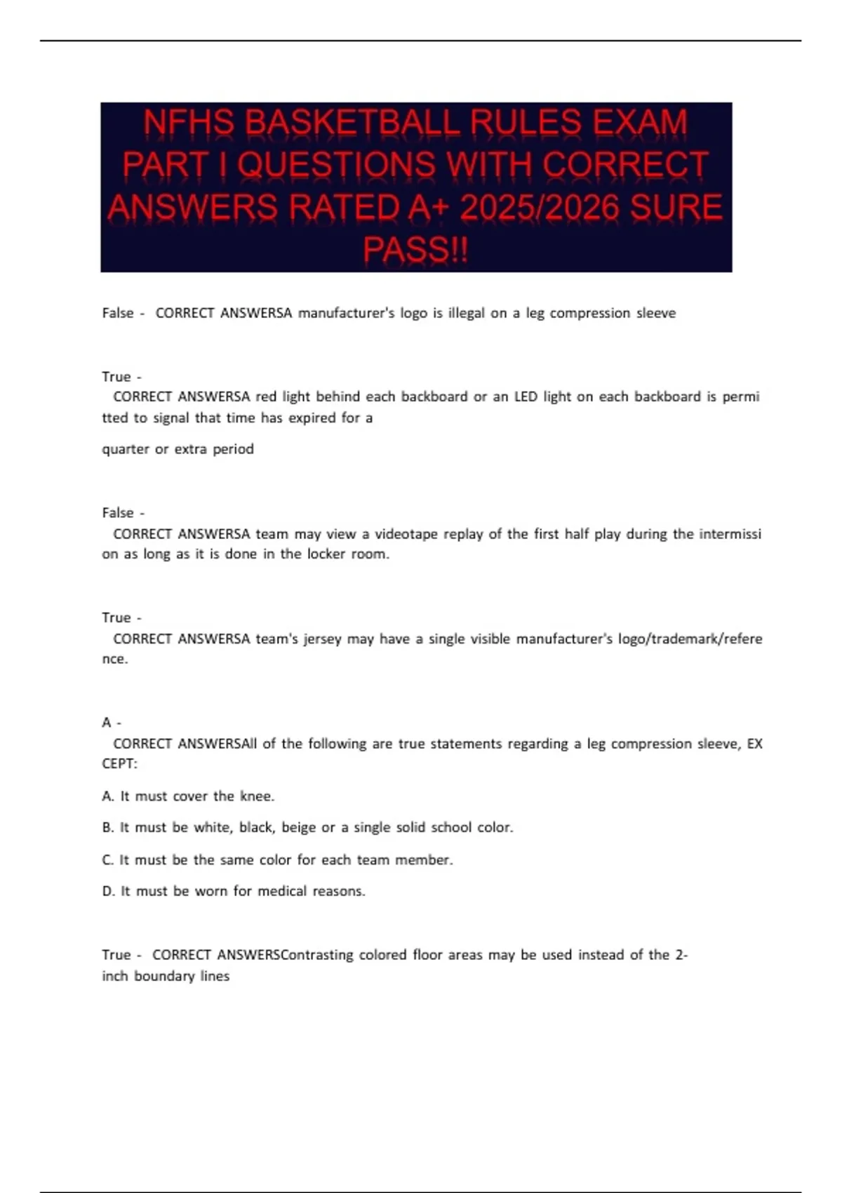 NFHS BASKETBALL RULES EXAM PART I QUESTIONS WITH CORRECT ANSWERS RATED ...