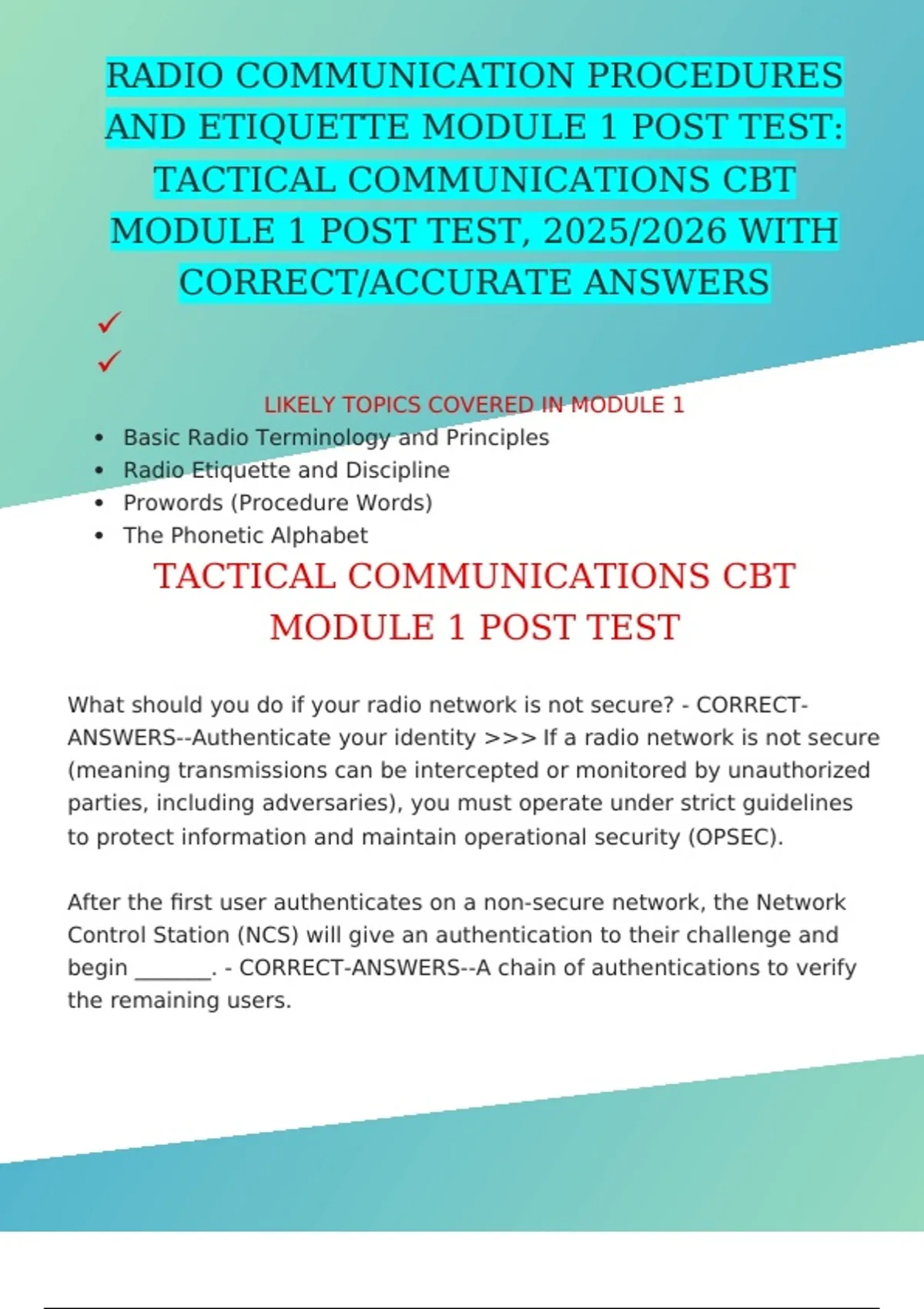 RADIO COMMUNICATION PROCEDURES AND ETIQUETTE MODULE 1 POST TEST ...