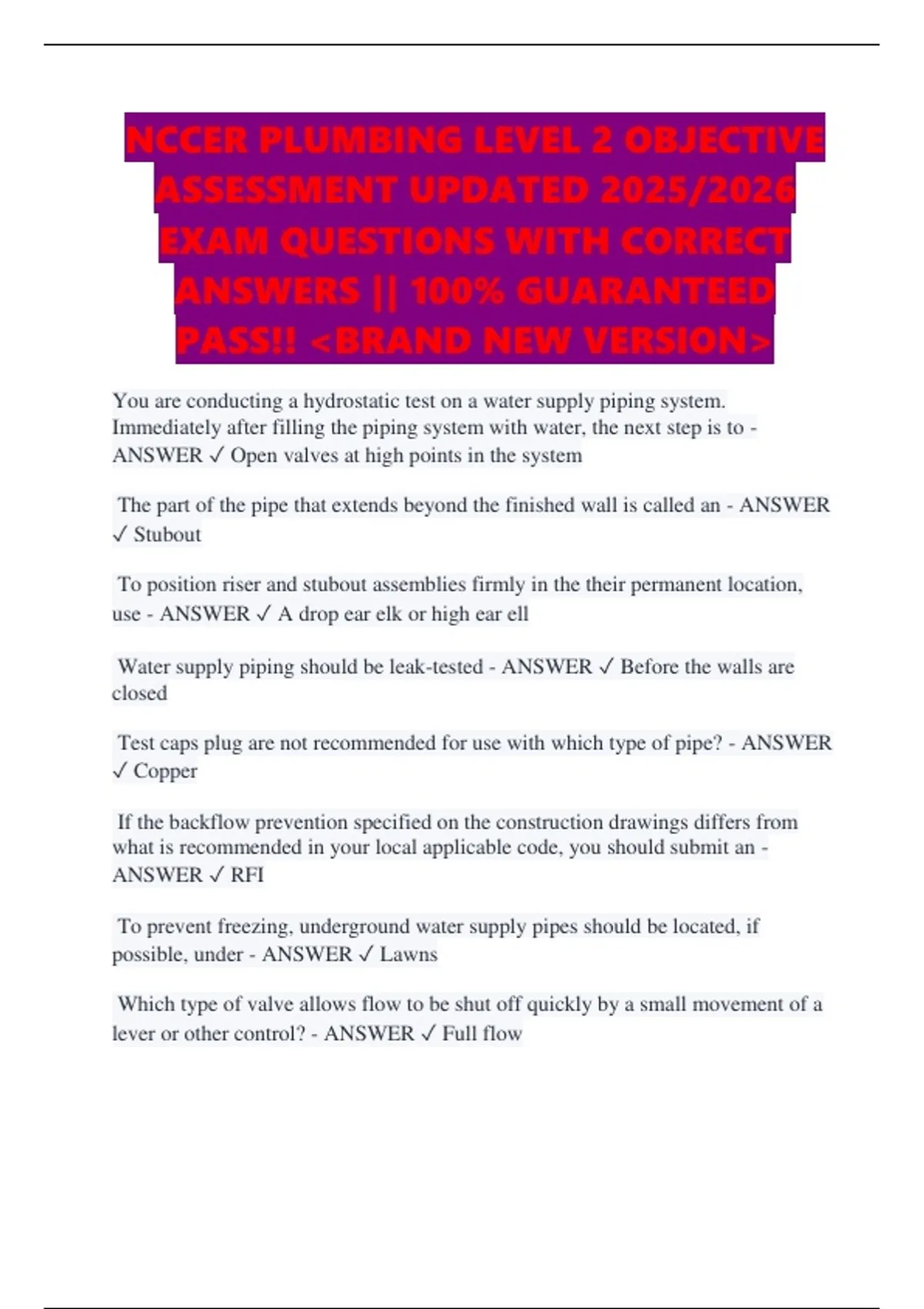 NCCER PLUMBING LEVEL 2 OBJECTIVE ASSESSMENT UPDATED 2025/2026 EXAM ...