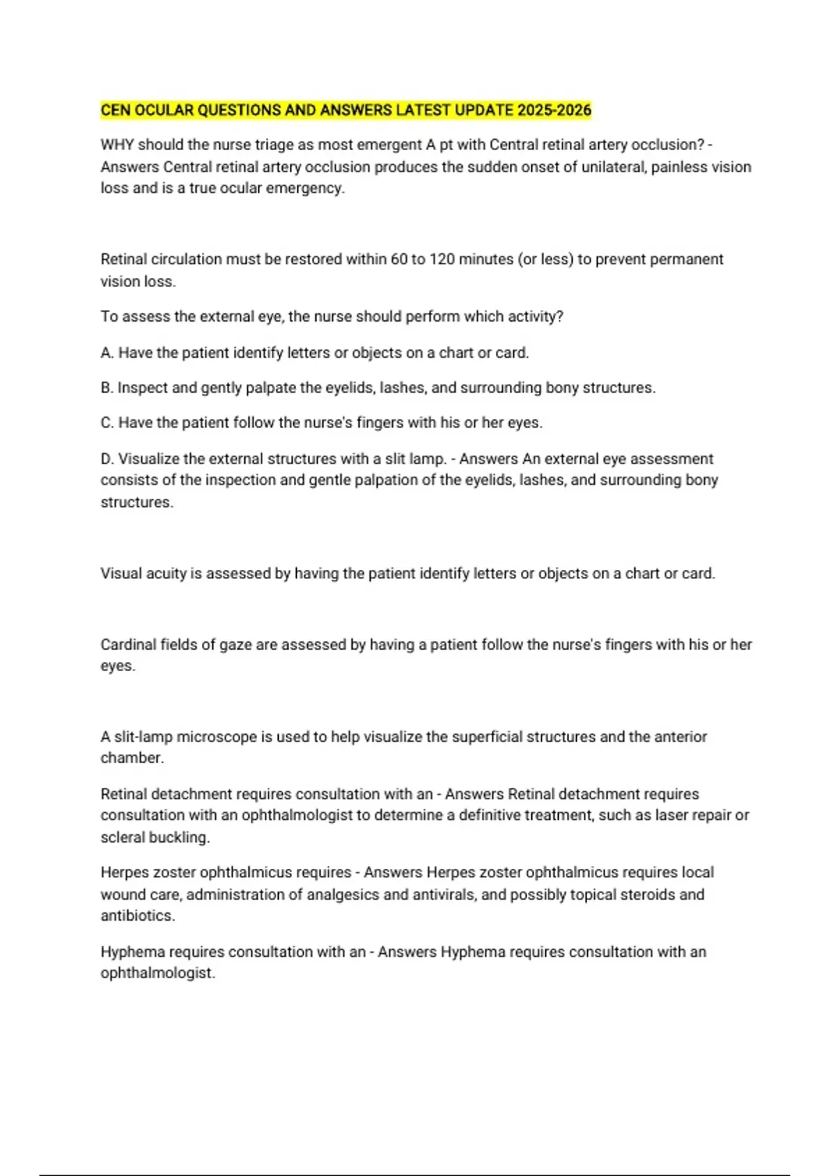 CEN OCULAR QUESTIONS AND ANSWERS LATEST UPDATE - CEN OCULAR - Stuvia US