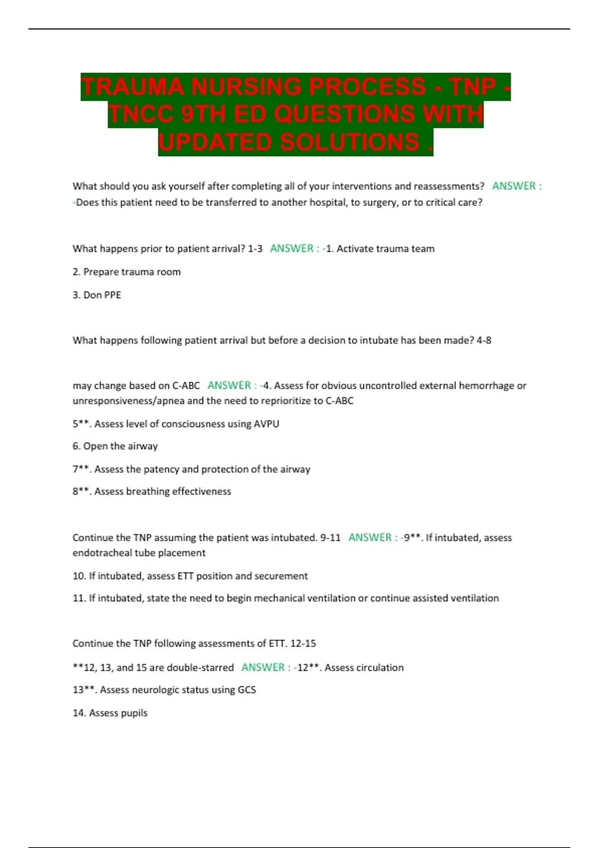 TRAUMA NURSING PROCESS - TNP - TNCC 9TH ED QUESTIONS WITH UPDATED ...