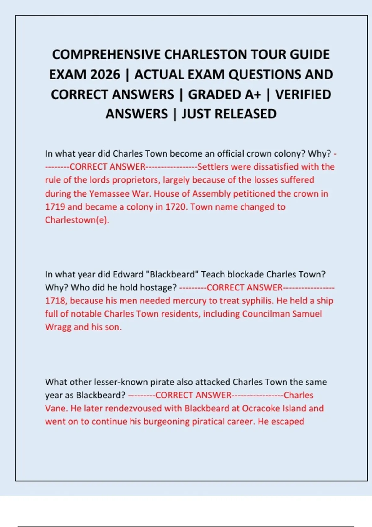 COMPREHENSIVE CHARLESTON TOUR GUIDE EXAM 2026 | ACTUAL EXAM QUESTIONS ...