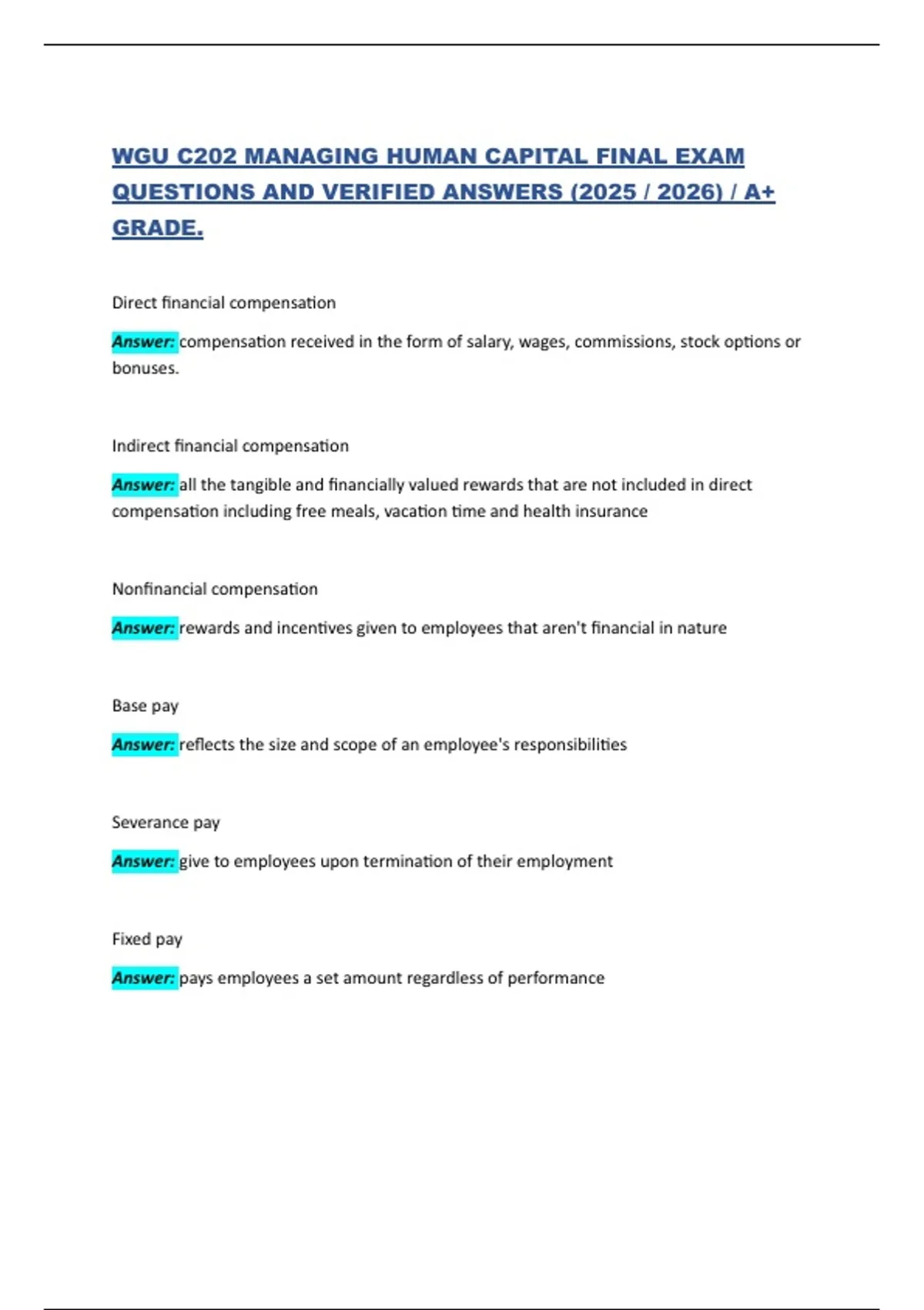 WGU C202 MANAGING HUMAN CAPITAL FINAL EXAM QUESTIONS AND VERIFIED ANSWERS (2025 / 2026) / A+ ...