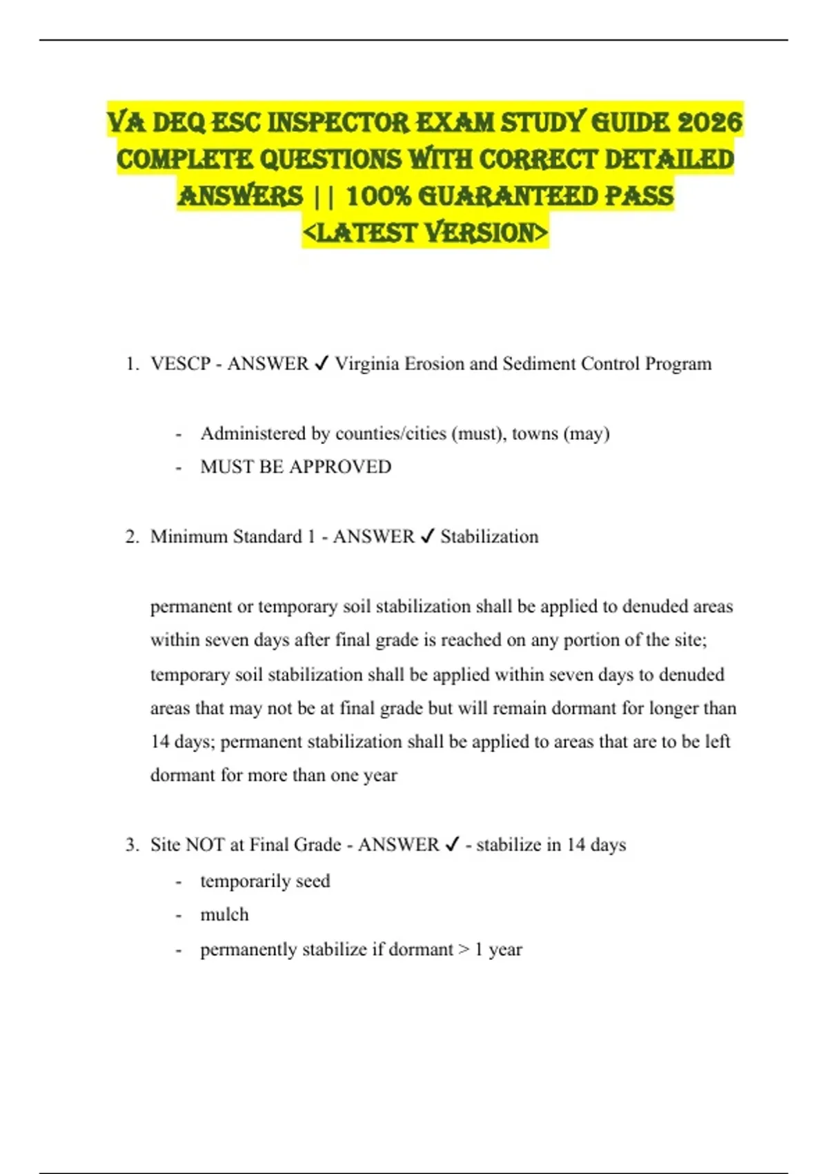 VA DEQ ESC Inspector EXAM STUDY GUIDE 2026 COMPLETE QUESTIONS WITH ...