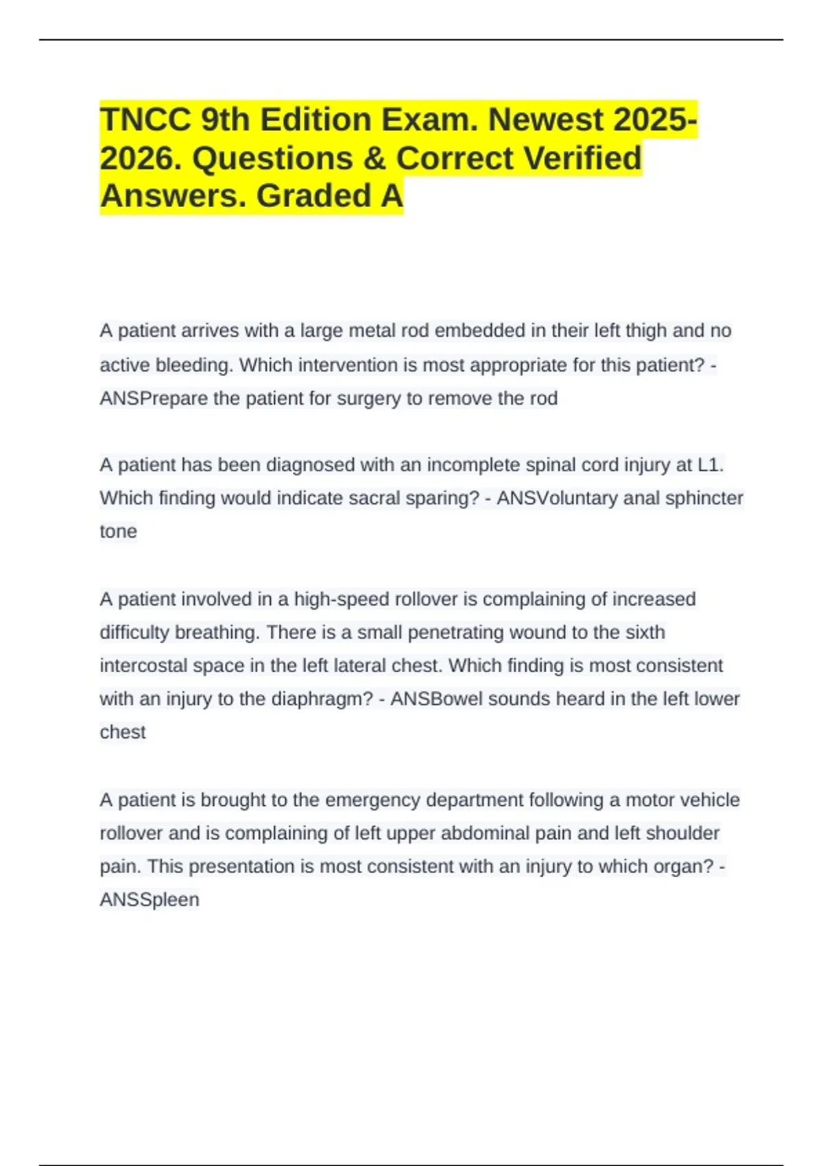 TNCC 9th Edition Exam. Newest . Questions & Correct Verified Answers ...