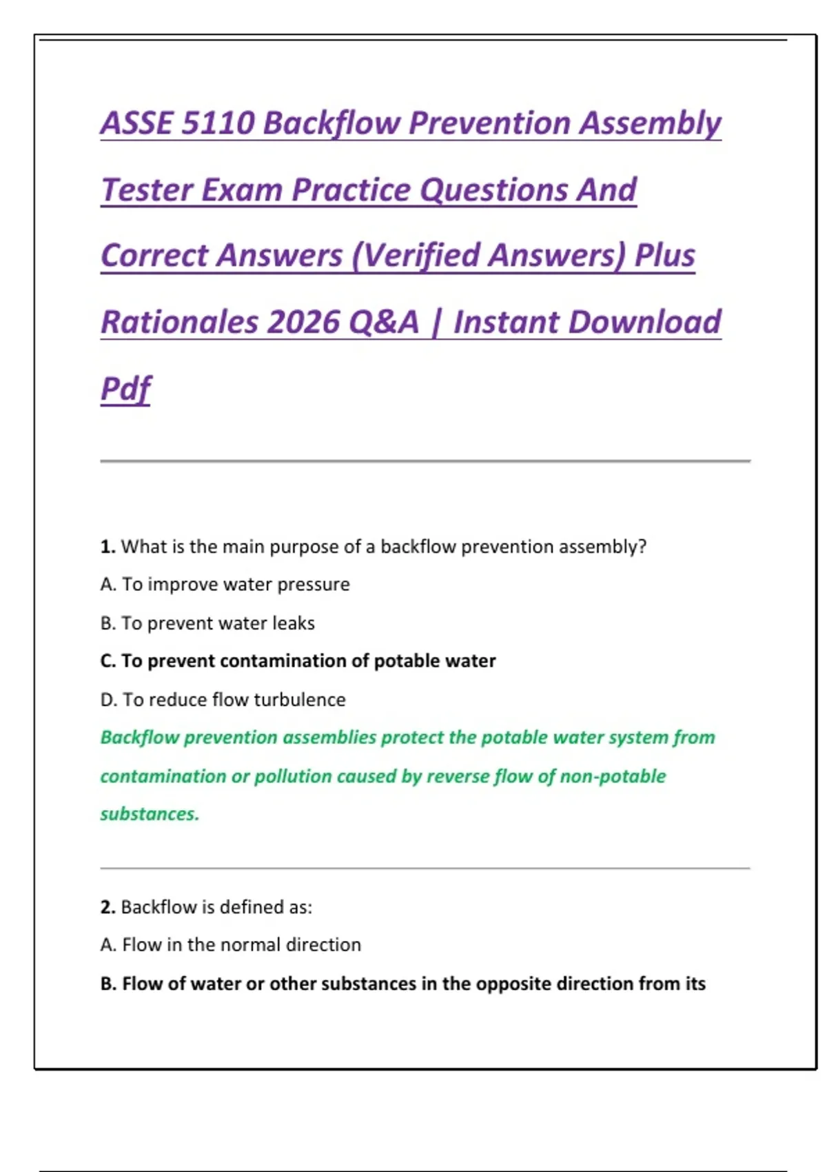 ASSE 5110 Backflow Prevention Assembly Tester Exam Practice Questions ...