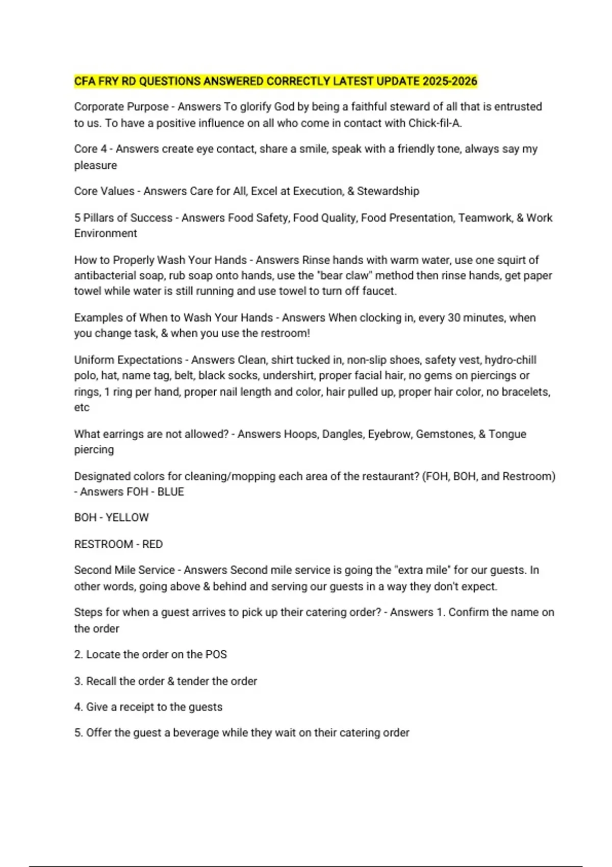 CFA FRY RD QUESTIONS ANSWERED CORRECTLY LATEST UPDATE - CFA Food ...