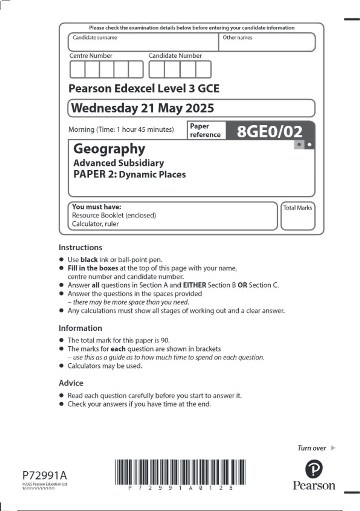 Pearson Edexcel Level 3 GCE Geography Advanced Subsidiary PAPER 2 JUNE ...