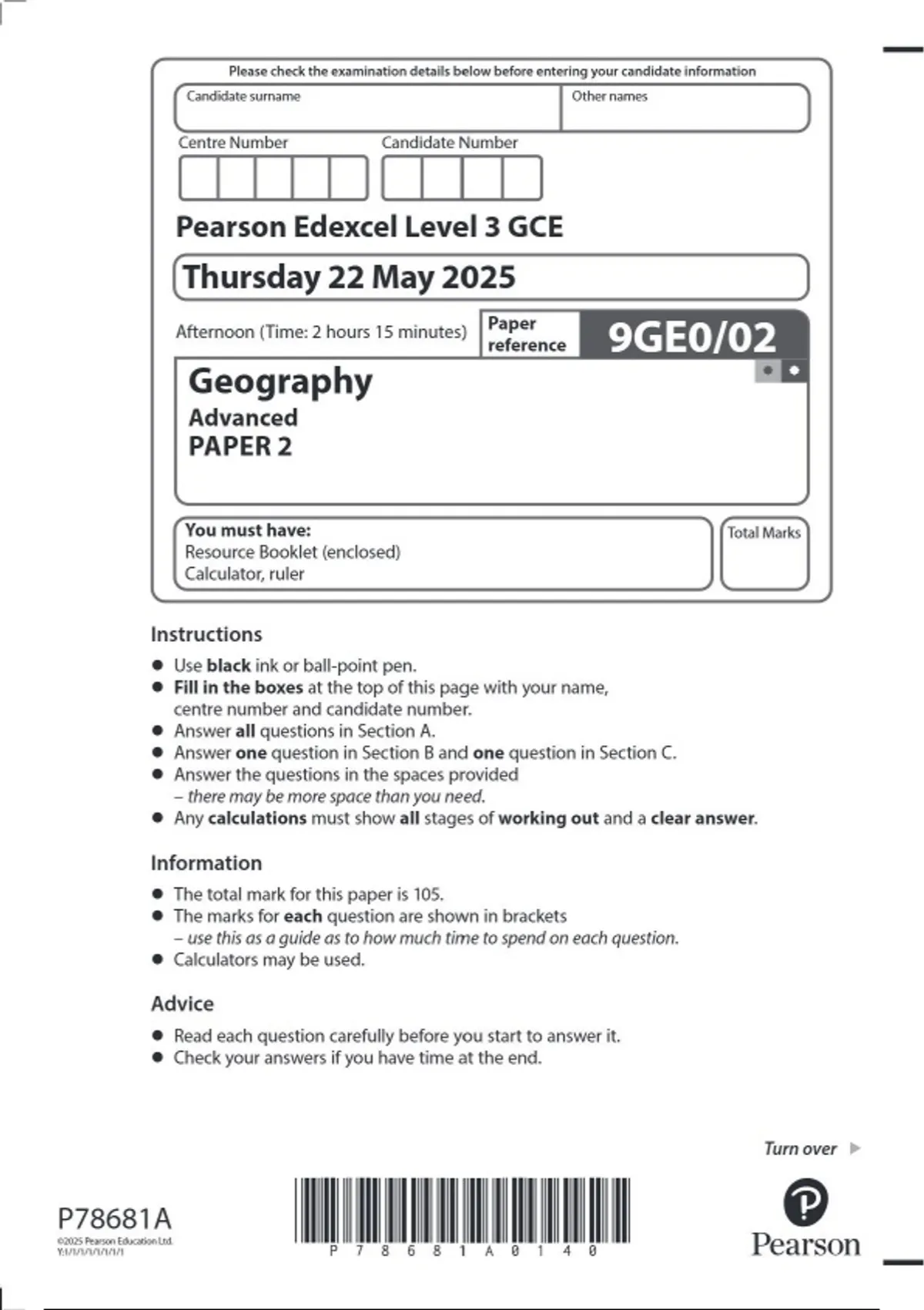 Pearson Edexcel Level 3 GCE Geography Advanced PAPER 2 JUNE 2025 ...