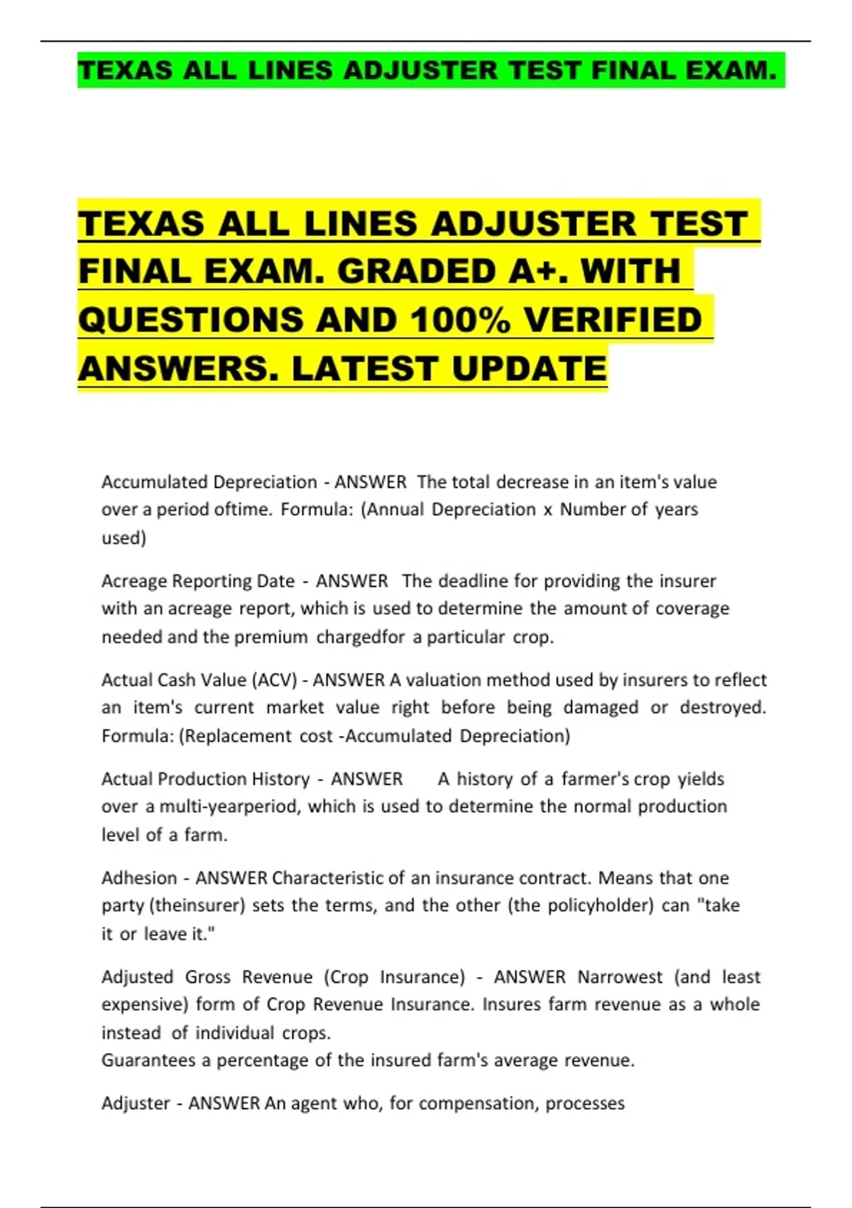 TEXAS ALL LINES ADJUSTER TEST FINAL EXAM. TEXAS ALL LINES ADJUSTER TEST ...