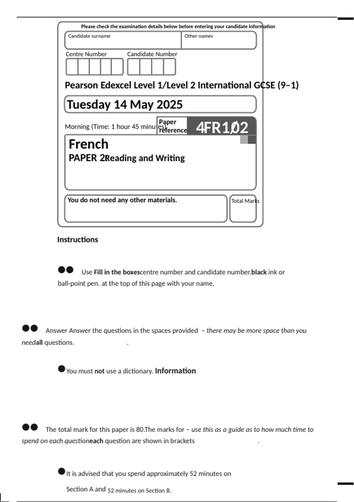 Pearson Edexcel IGCSE French 4FR1/02 Reading Paper 2 Summer 2025 Exam ...