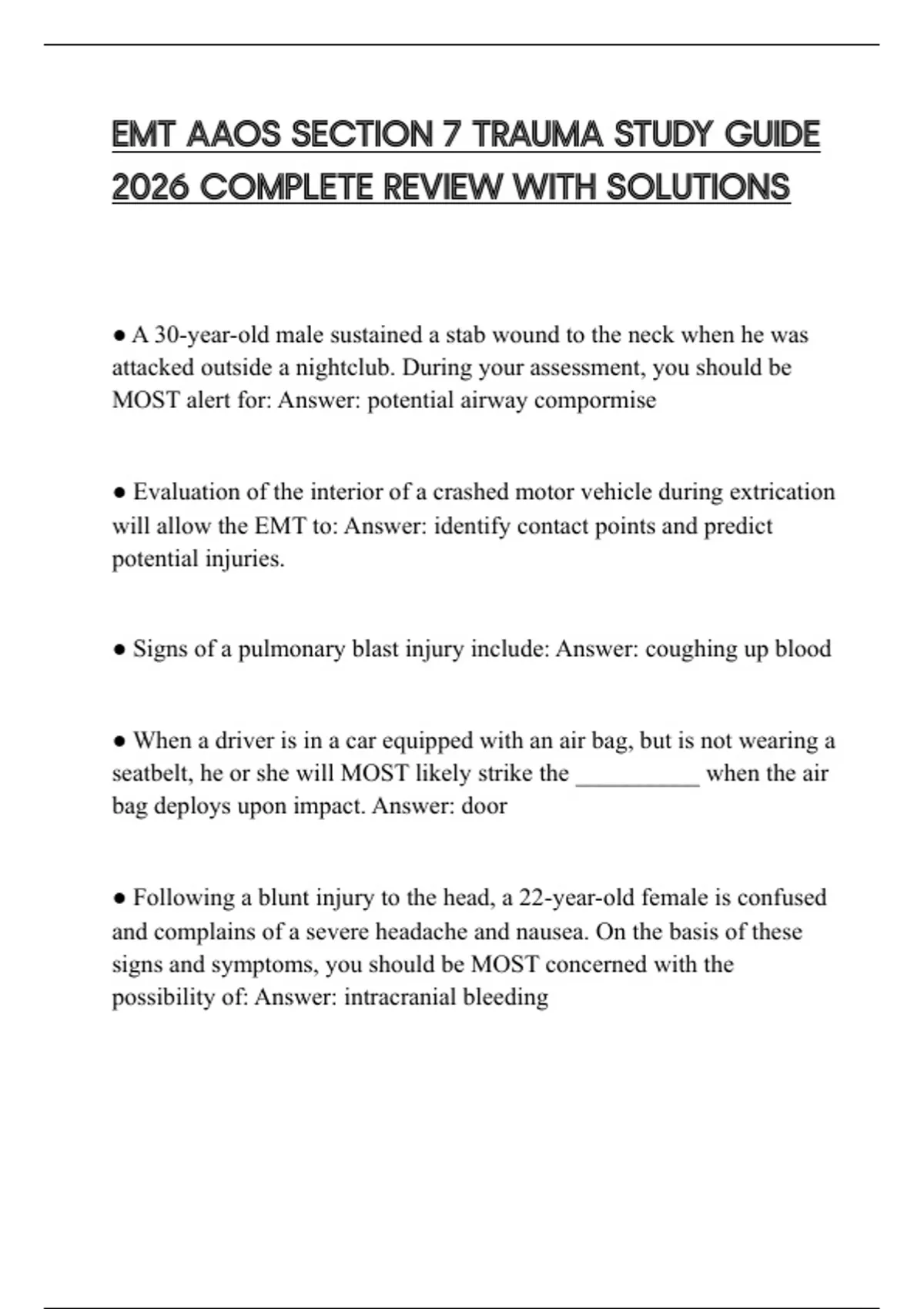 EMT AAOS SECTION 7 TRAUMA STUDY GUIDE 2026 COMPLETE REVIEW WITH ...