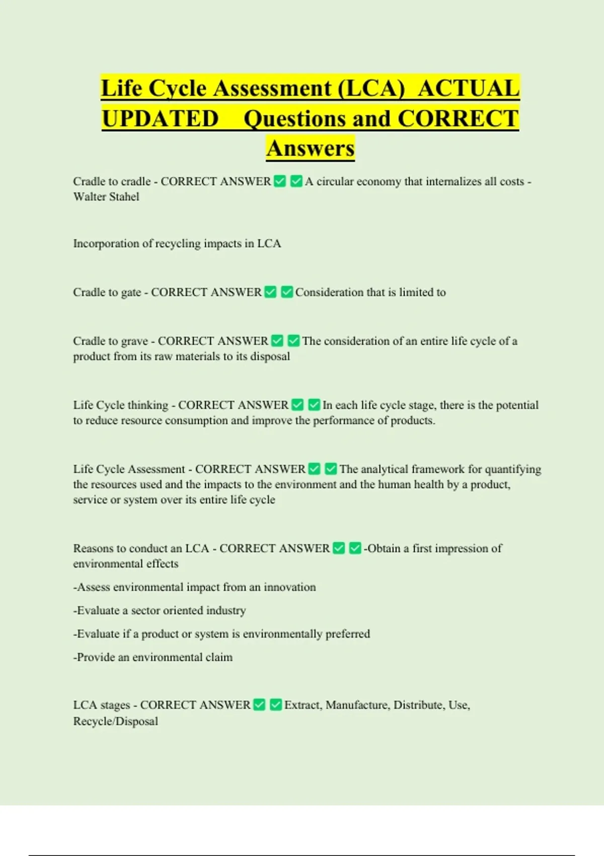 Life Cycle Assessment (LCA) ACTUAL UPDATED Questions and CORRECT ...