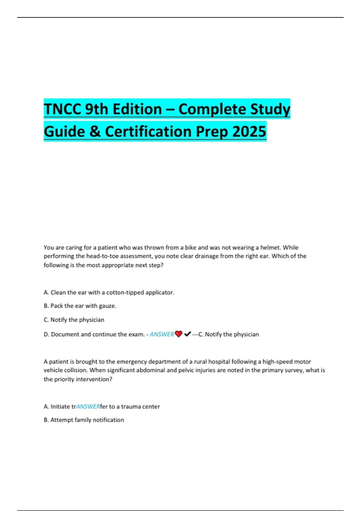 TNCC 9th Edition Trauma Nursing Process (TNP) – Complete 2025 Study ...