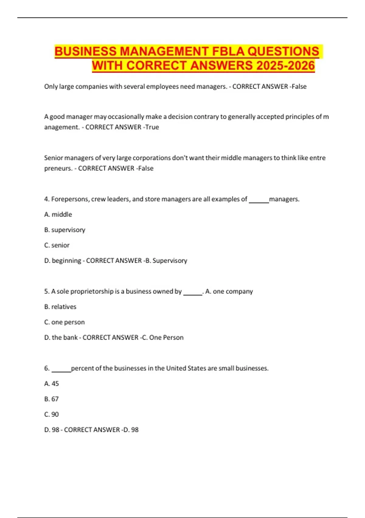 BUSINESS MANAGEMENT FBLA QUESTIONS WITH CORRECT ANSWERS - BUSINESS ...
