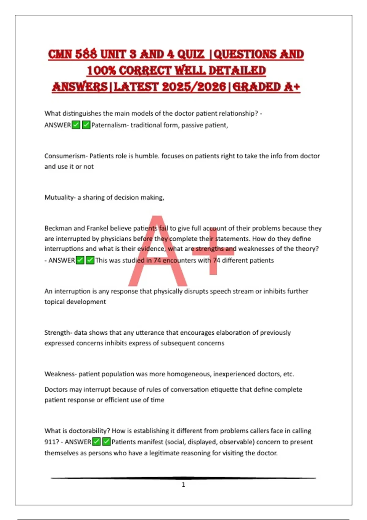 CMN 588 UNIT 3 AND 4 QUIZ |QUESTIONS AND 100% CORRECT WELL DETAILED ...