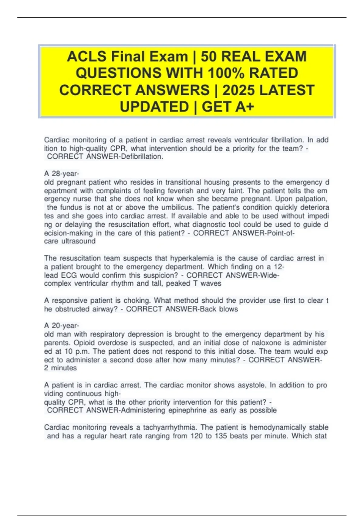 ACLS Final Exam | 50 REAL EXAM QUESTIONS WITH 100% RATED CORRECT ...