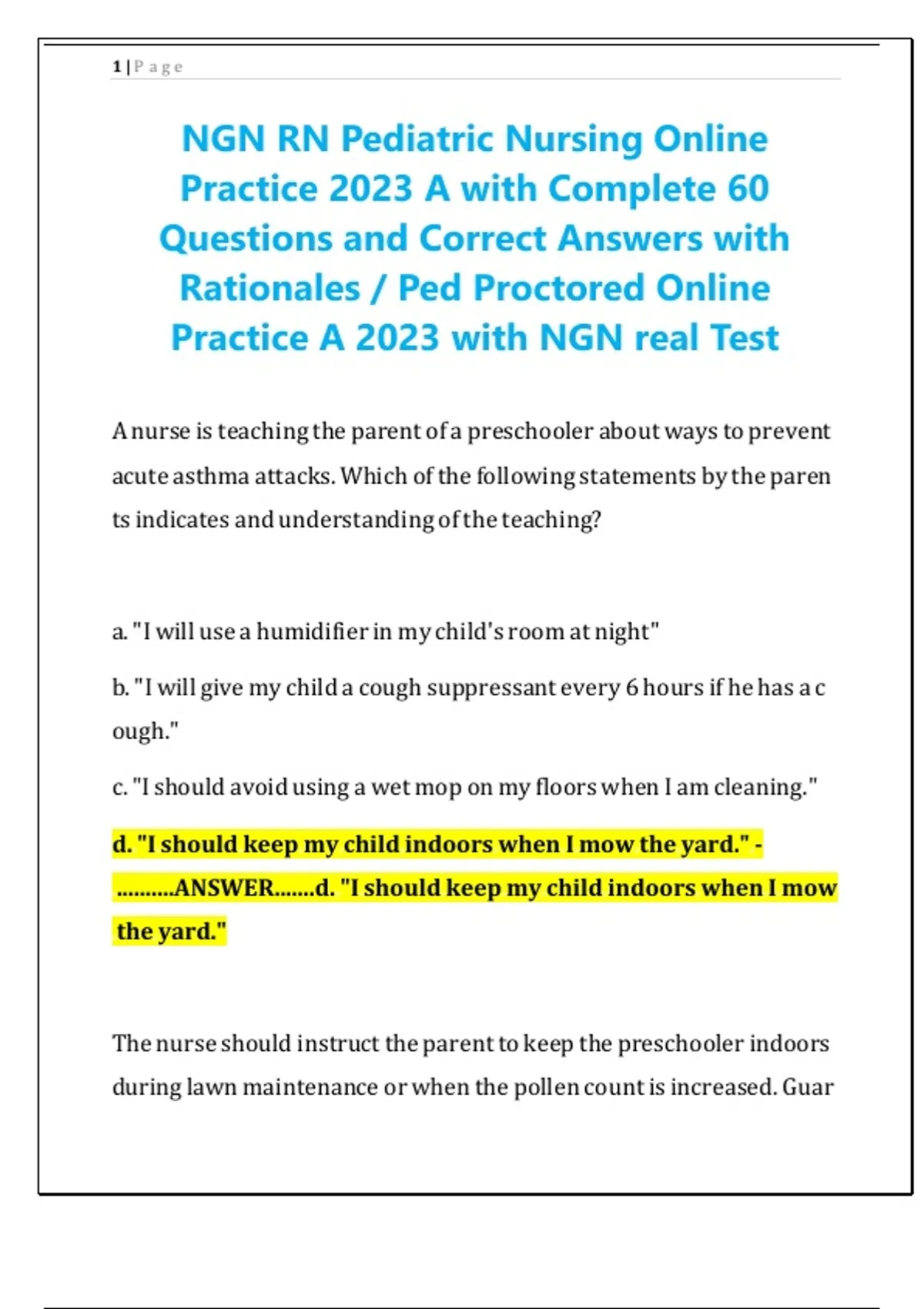 NGN RN Pediatric Nursing Online Practice 2023 A – 60 Questions with ...
