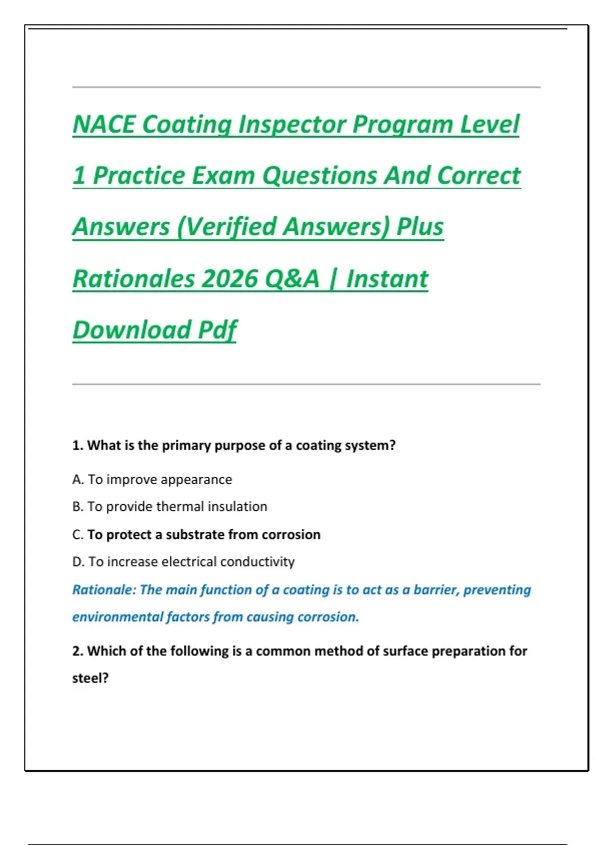 NACE Coating Inspector Program Level 1 Practice Exam Questions And ...
