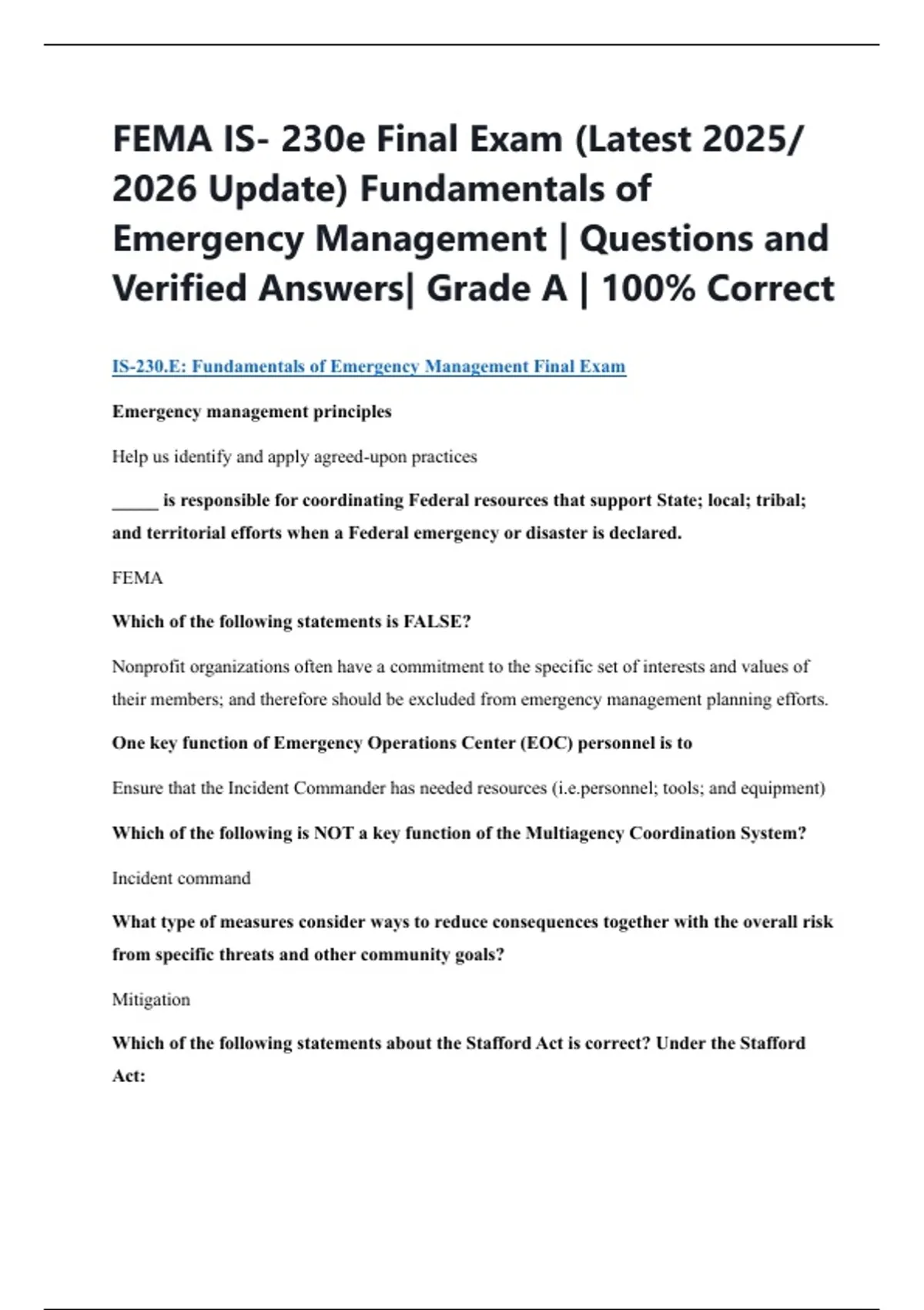 FEMA IS- 230e Final Exam (Latest 2025/ 2026 Update) Fundamentals of ...