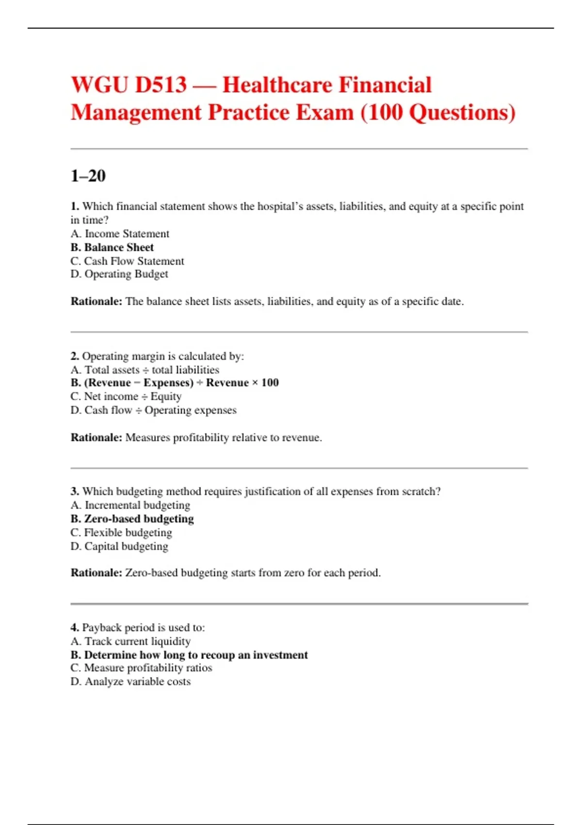 WGU D513 – Healthcare Financial Management Practice Exam (2025–2026) - WGU D513 - Stuvia US