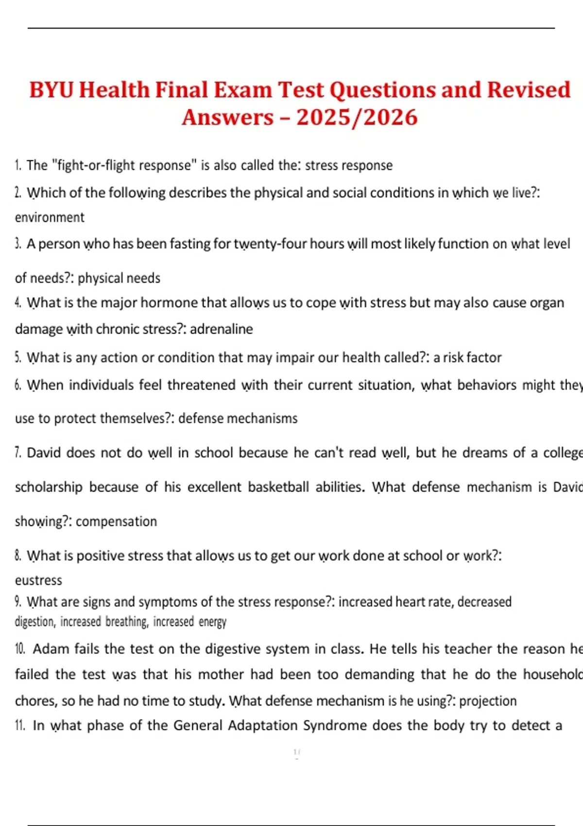 Health – Brigham Young University (BYU) – Final Exam Test Questions and ...