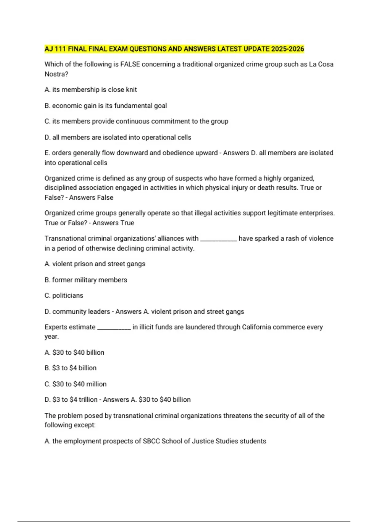 AJ 111 FINAL EXAM QUESTIONS AND ANSWERS LATEST UPDATE - AJ 111 - Stuvia US
