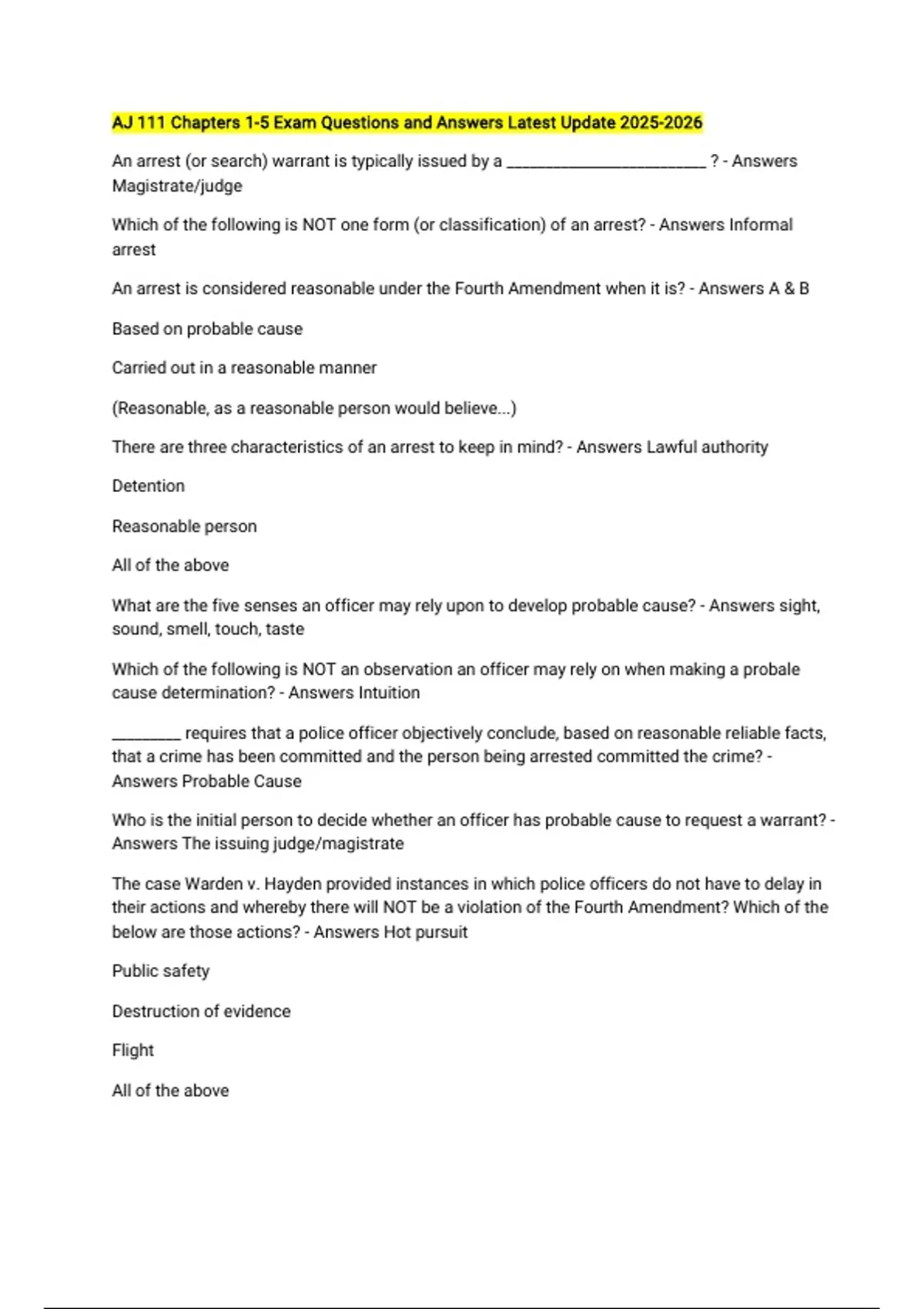 AJ 111 Chapters 1-5 Exam Questions and Answers Latest Update - AJ 111 ...