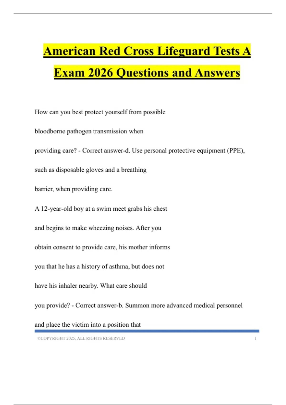 American Red Cross Lifeguard Tests A Exam 2026 Questions and Answers ...