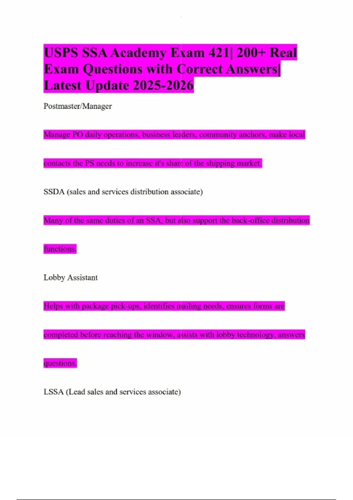 USPS SSA Academy Exam 421| 200+ Real Exam Questions with Correct ...