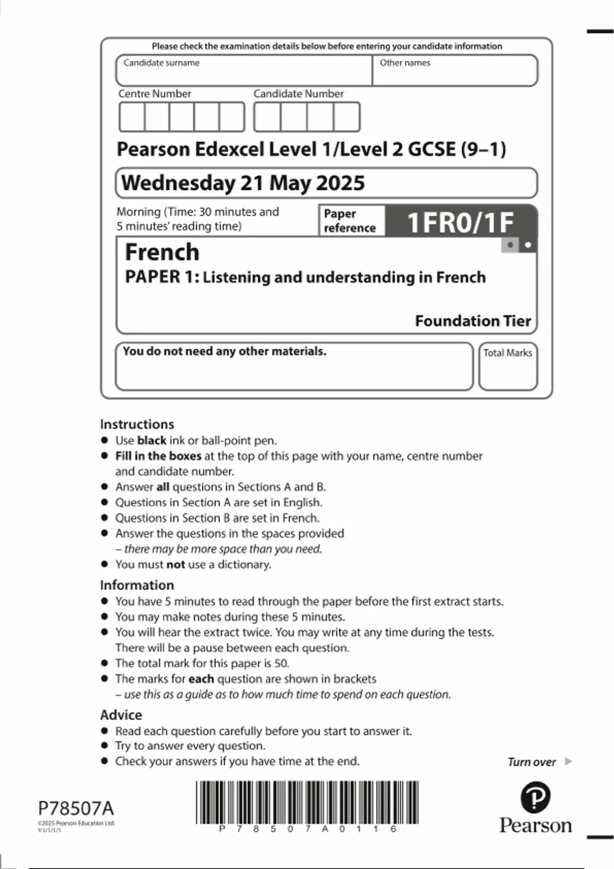 PEARSON EDEXCEL GCSE FRENCH PAPER 1 QUESTION PAPER 2025 (1FR0/1F ...