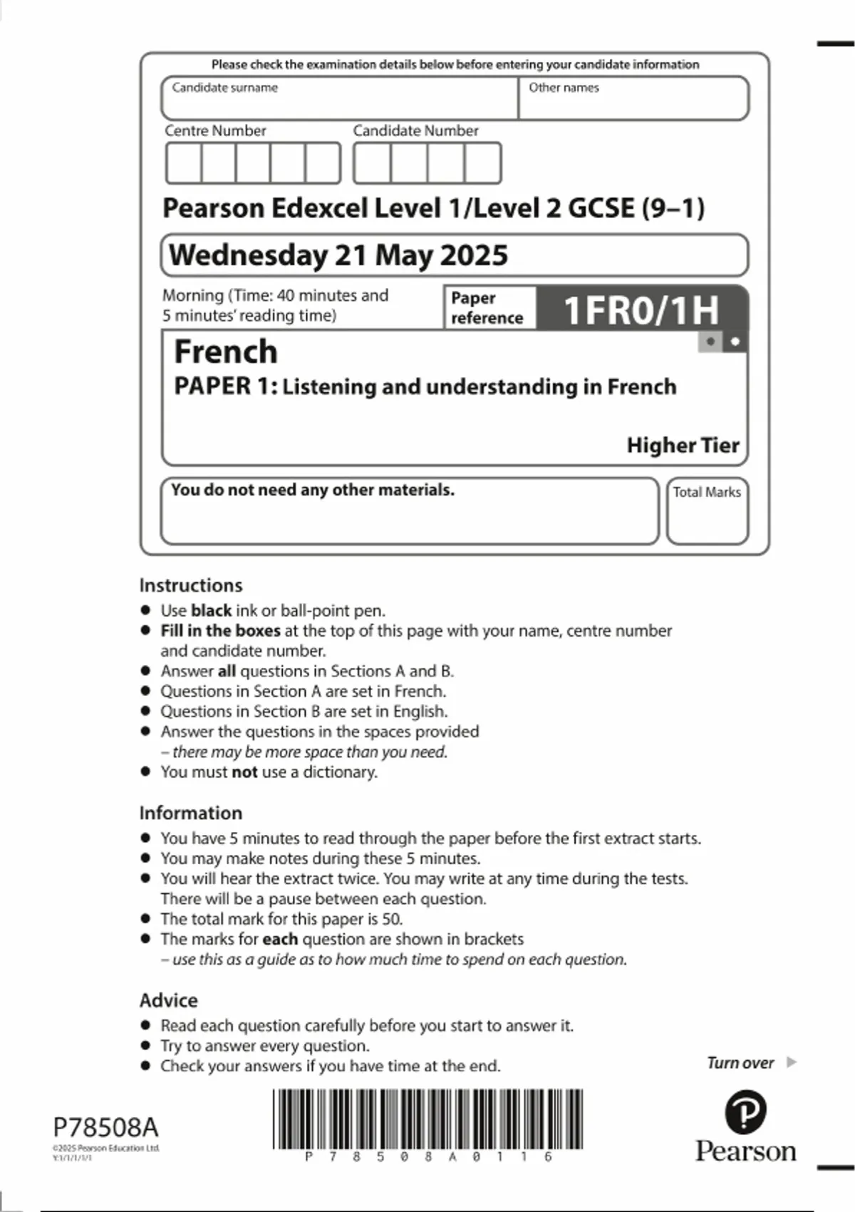 PEARSON EDEXCEL GCSE FRENCH PAPER 1H HIGHER TIER QUESTION PAPER 2025 ...