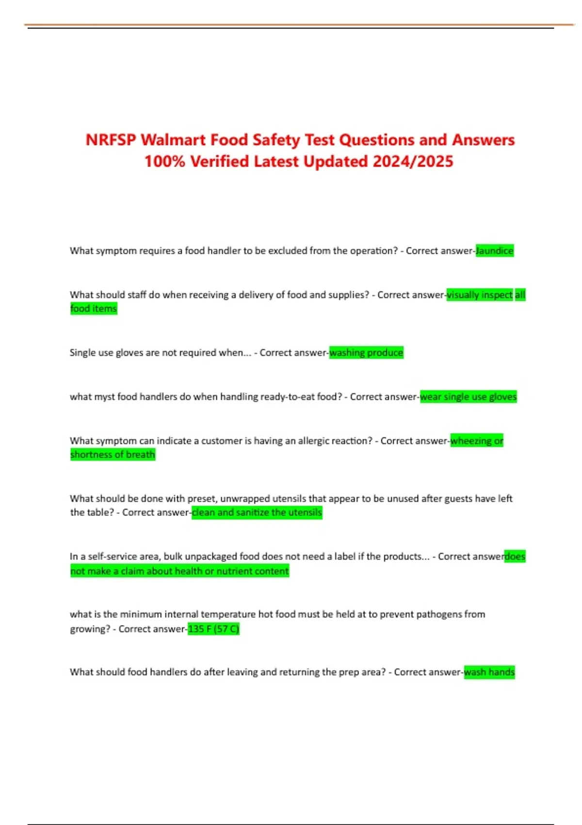 NRFSP Walmart Food Safety Test Questions and Answers 100% Verified ...